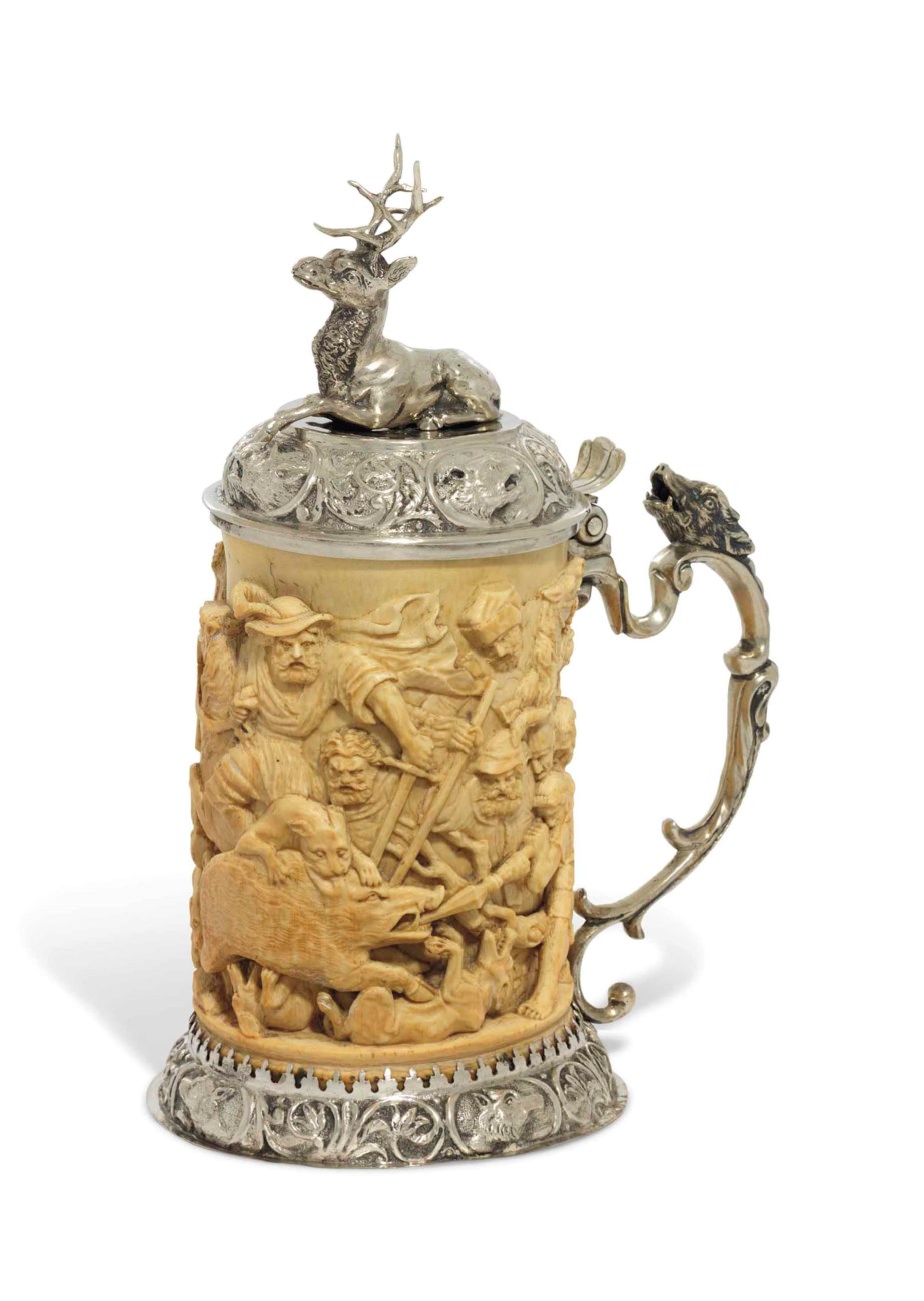 A CONTINENTAL SILVER-MOUNTED IVORY TANKARD, MAKER'S MARK BO, 19TH ...