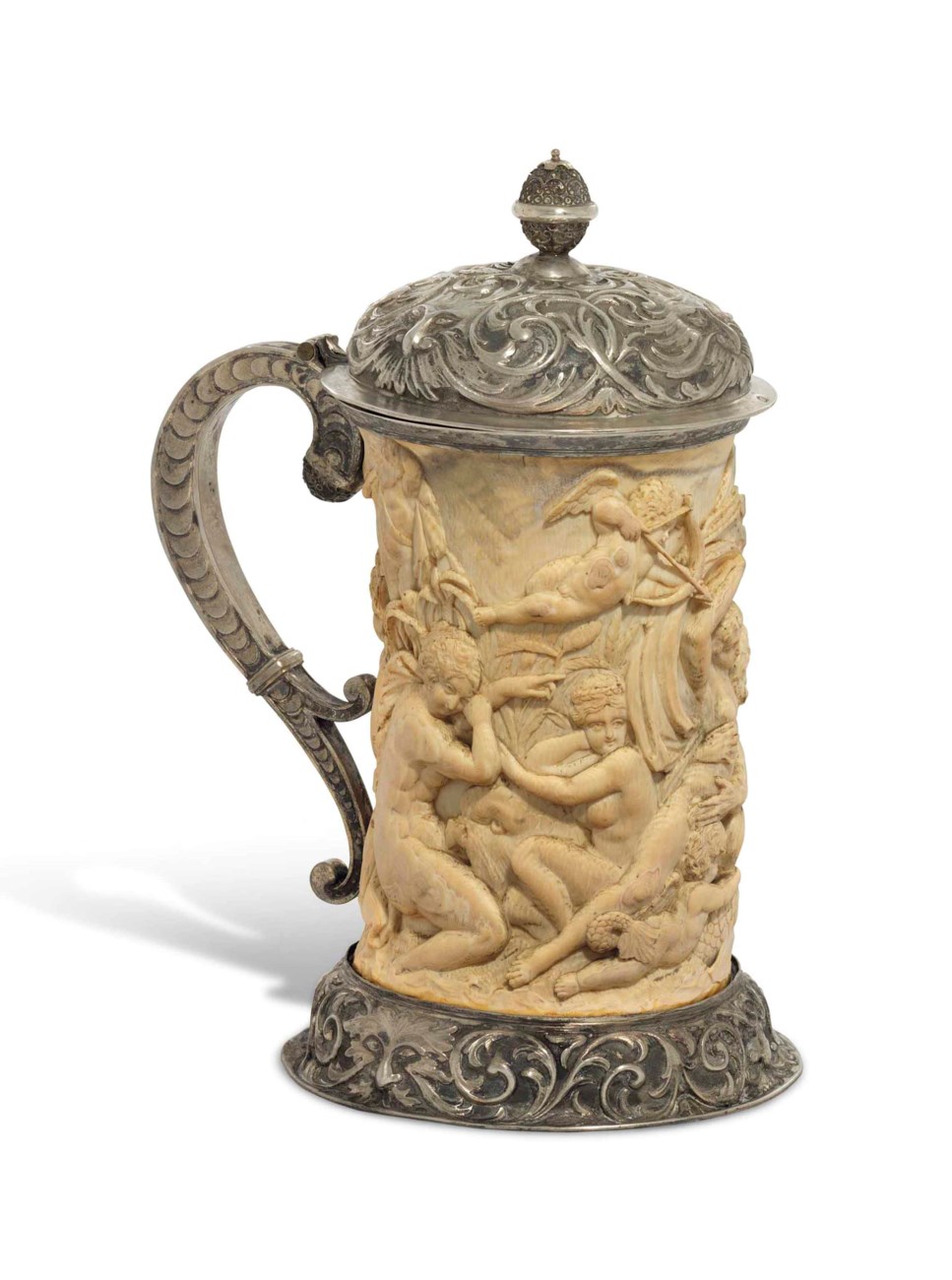 A GERMAN SILVER-GILT-MOUNTED CARVED IVORY TANKARD, APPARENTLY UNMARKED ...