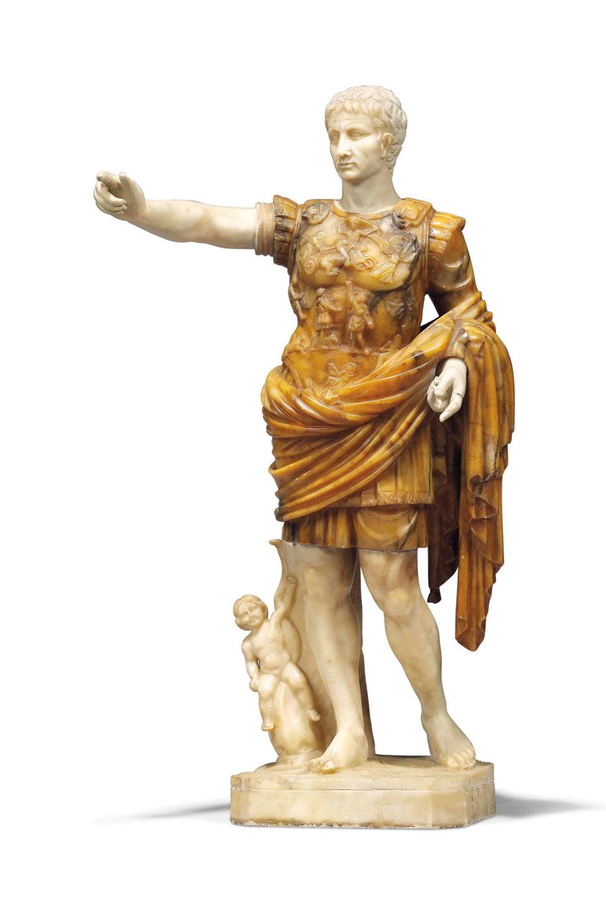 AN ITALIAN ALABASTER AND MARBLE FIGURE OF EMPEROR AUGUSTUS, LATE 19TH ...