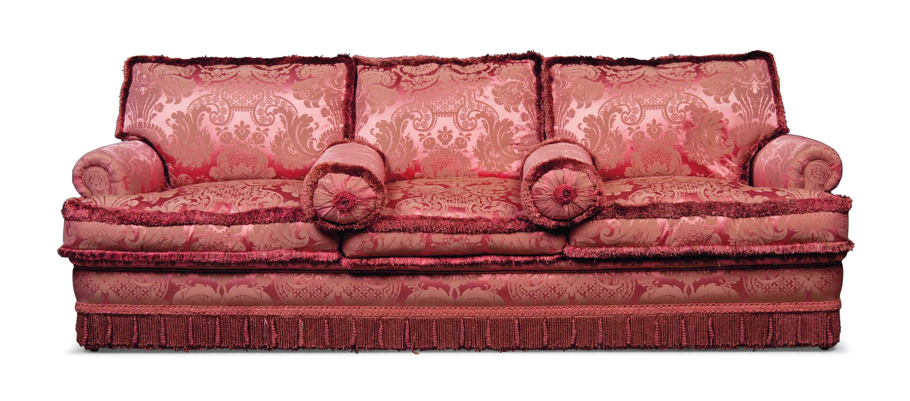A RED FLORAL DAMASK SILK THREE-SEAT SOFA, SUPPLIED BY JACQUES GARCIA ...
