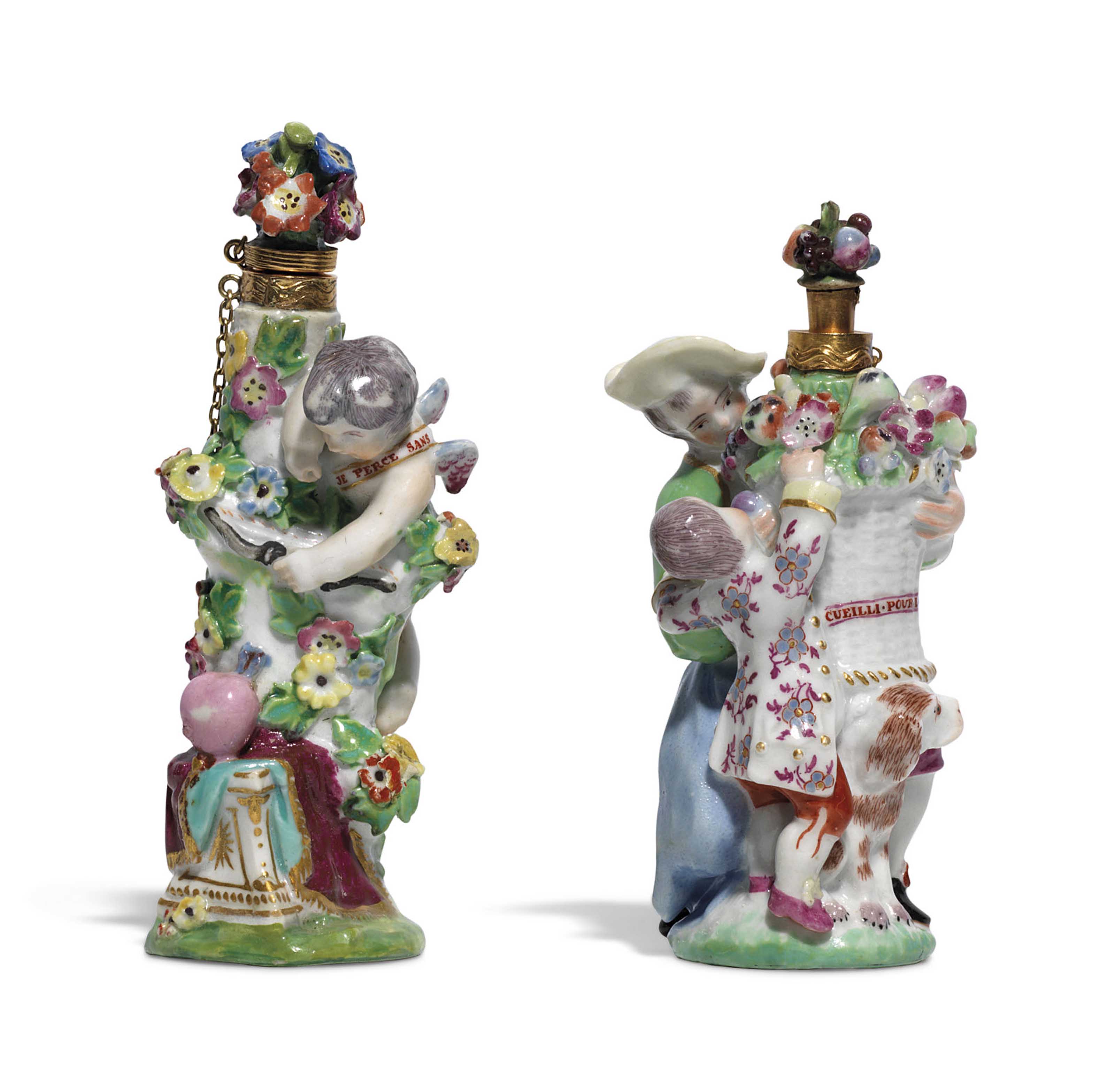 A CHELSEA GOLD-MOUNTED DOUBLE SCENT-BOTTLE AND STOPPERS, CIRCA 1755 ...