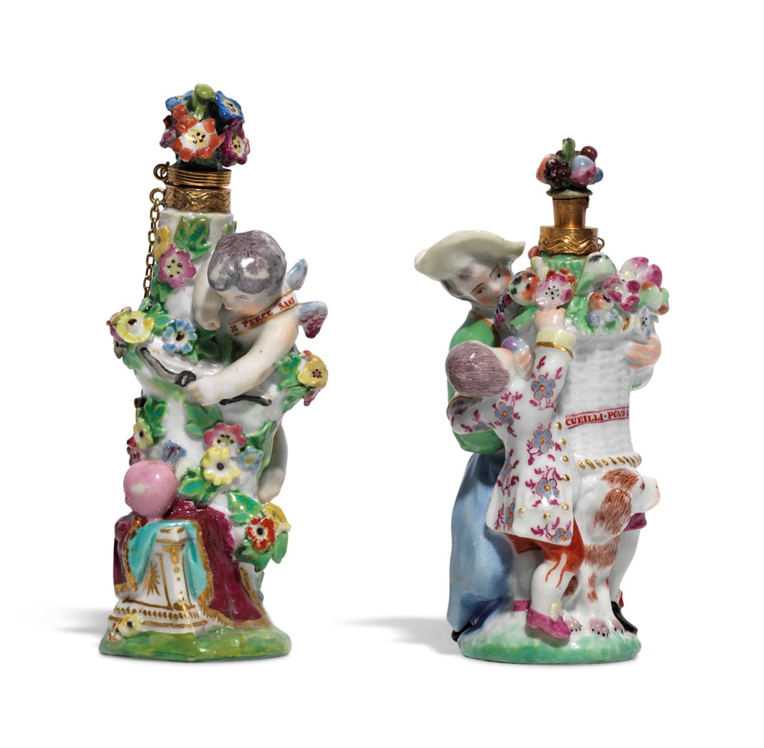 TWO CHELSEA GOLD-MOUNTED SCENT-BOTTLES AND STOPPERS, CIRCA 1760, THE ...