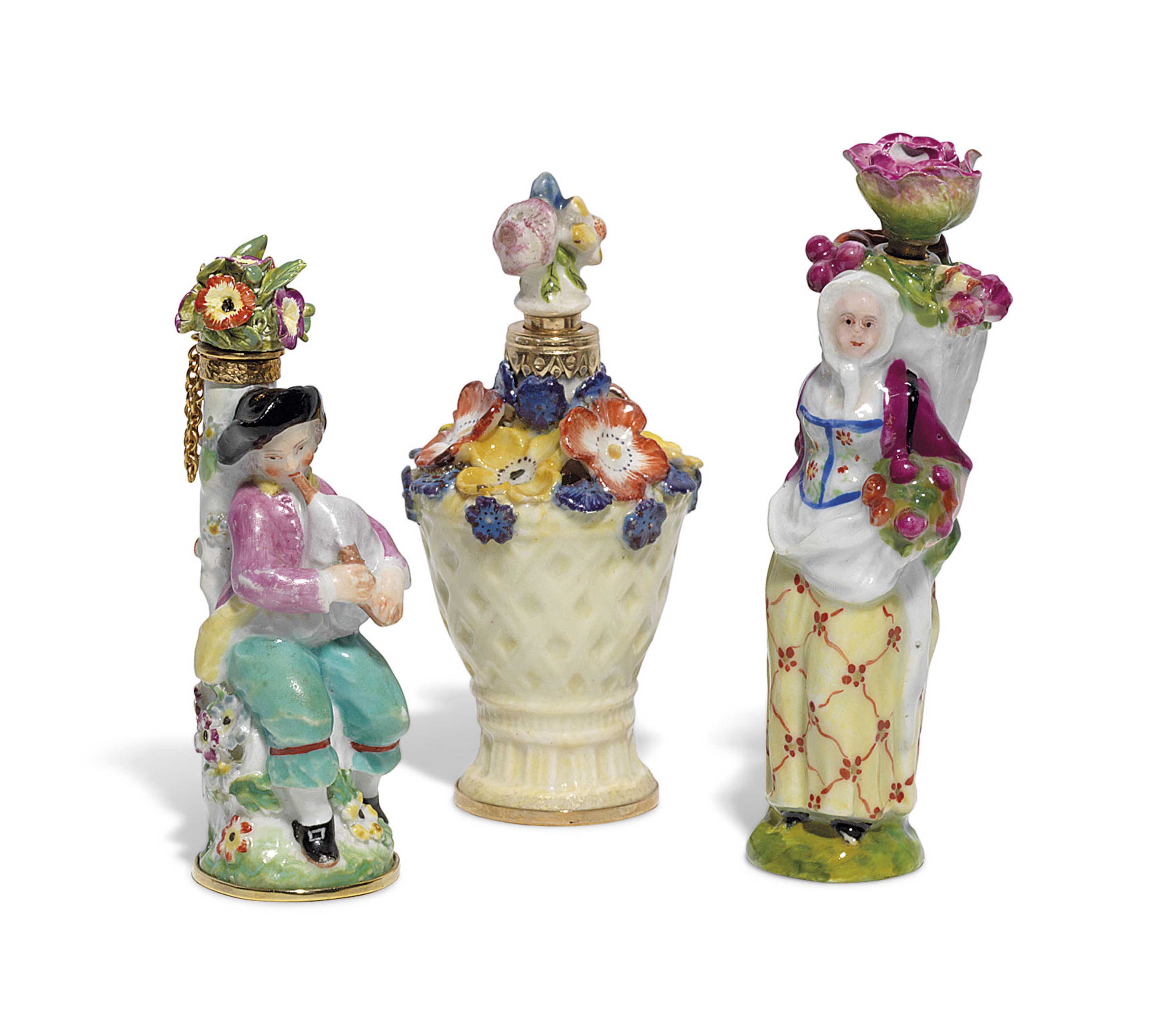 A CHELSEA GOLD-MOUNTED DOUBLE SCENT-BOTTLE AND STOPPERS, CIRCA 1755 ...