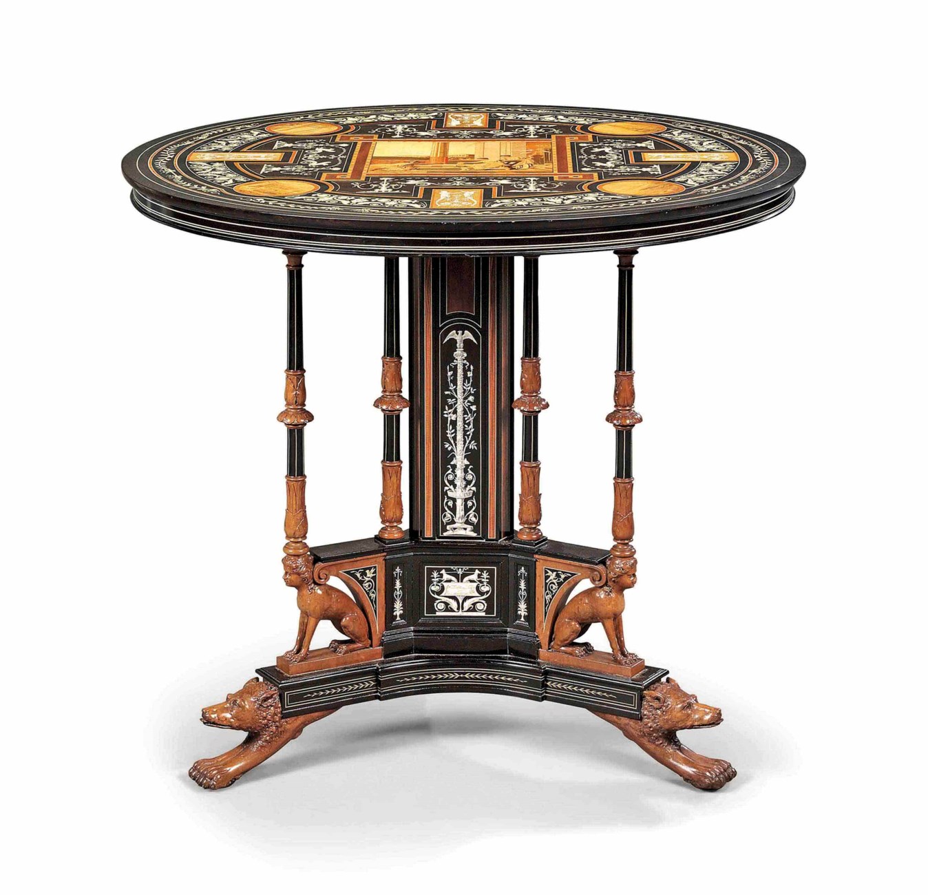 AN ITALIAN IVORY-INLAID EBONY, PEAR WOOD AND MARQUETRY CENTRE TABLE