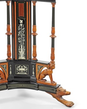 AN ITALIAN IVORY-INLAID EBONY, PEAR WOOD AND MARQUETRY CENTRE TABLE