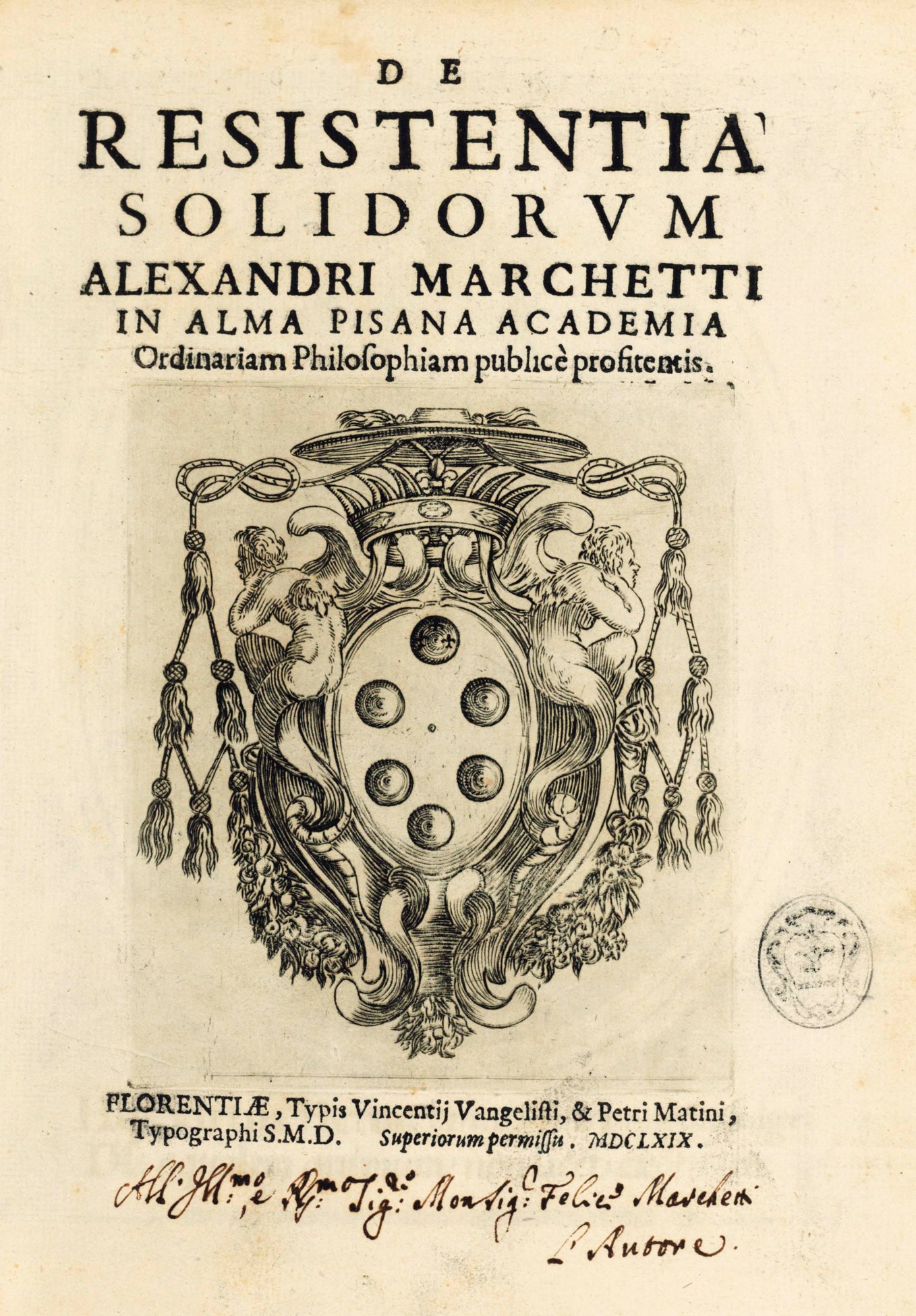 MARCHETTI, Alessandro (1633-1714). De resistentia solidorum. Florence ...