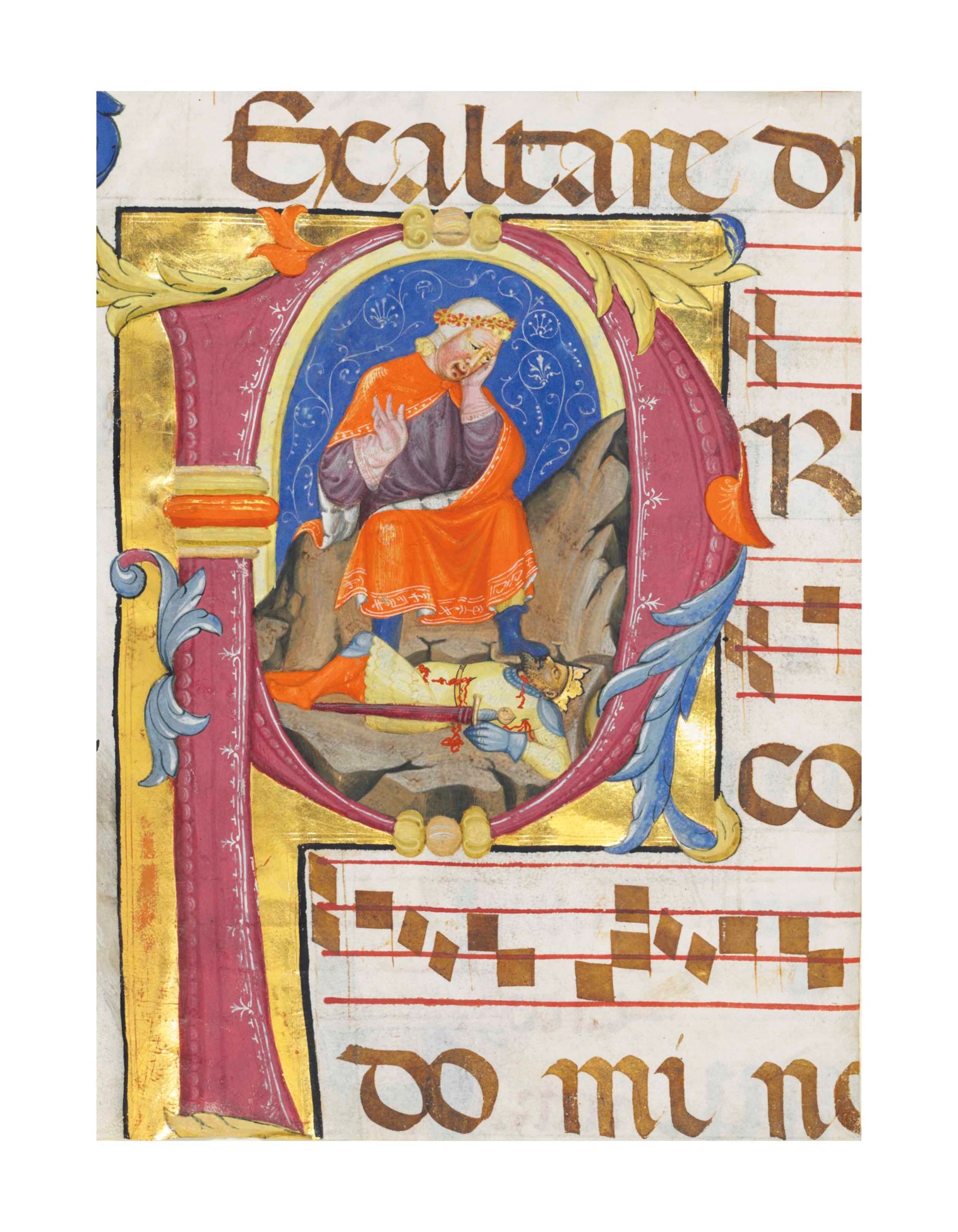 DAVID LAMENTING THE DEATH OF SAUL, historiated initial 'P' cut from an ...