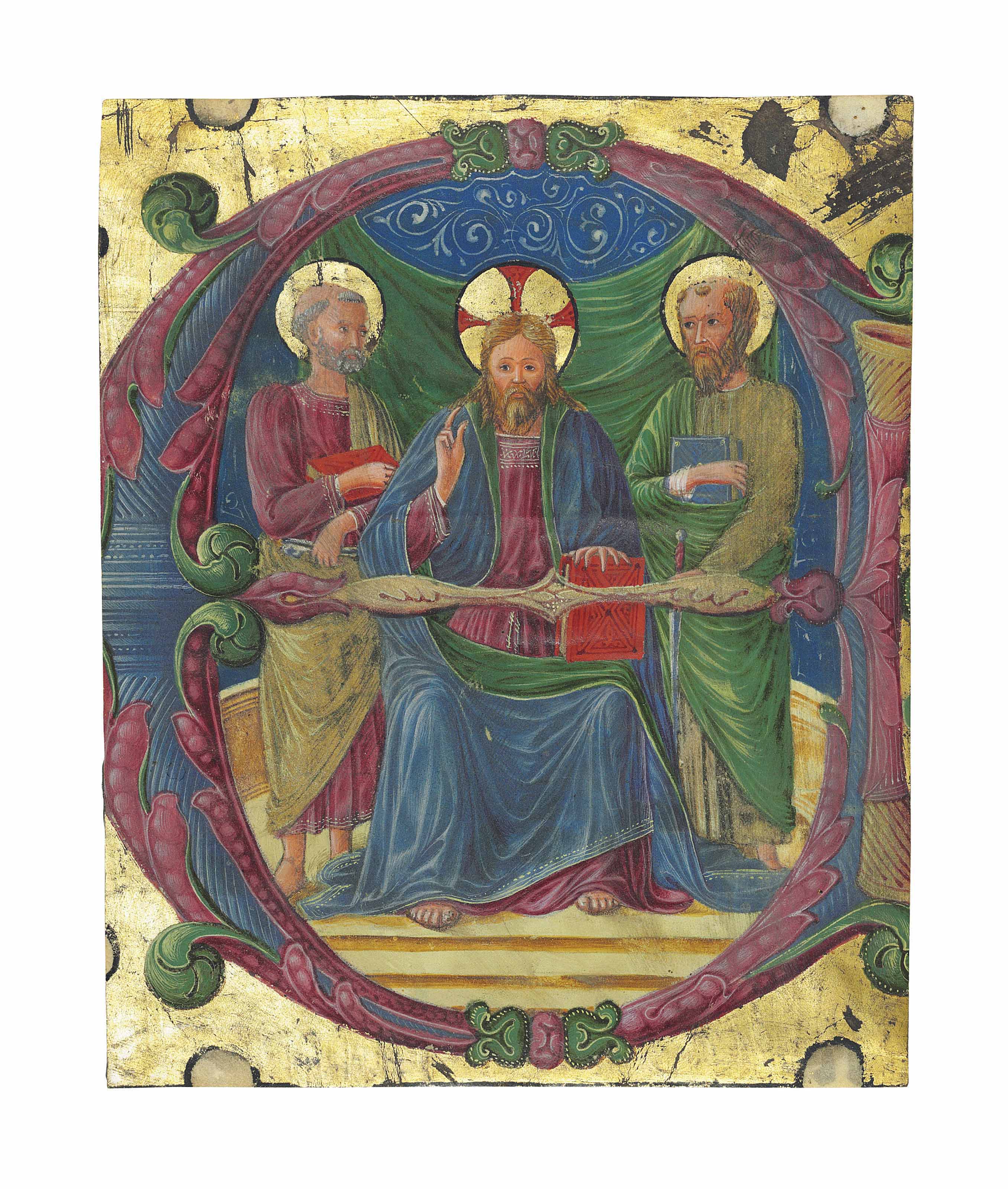 CHRIST BLESSING FLANKED BY STS PETER AND PAUL, historiated initial ‘E ...