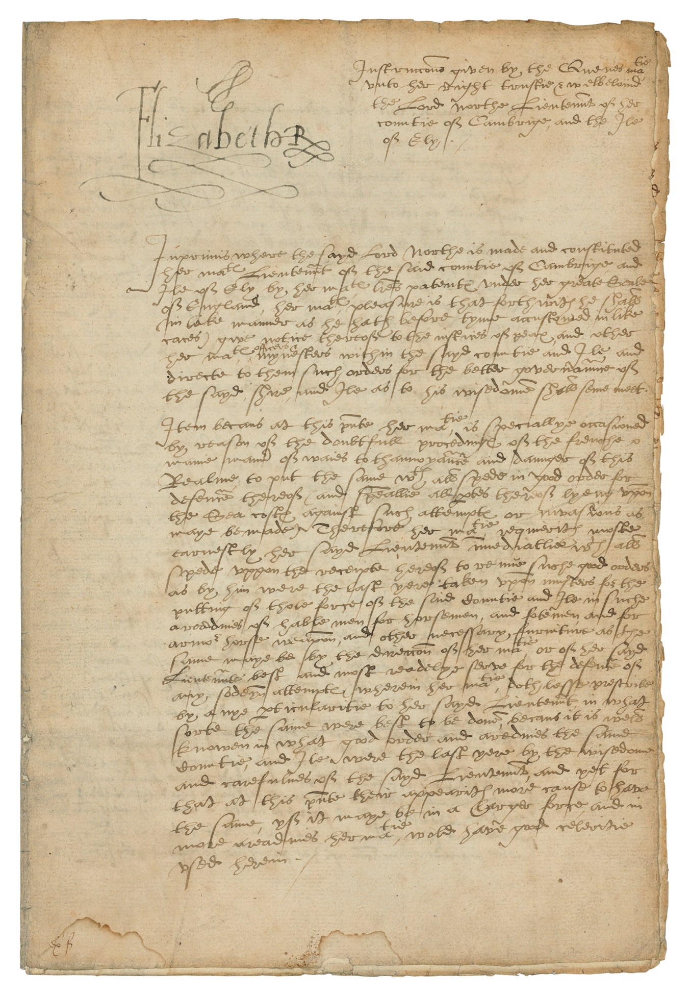 ELIZABETH I (1533-1603), Queen of England and Ireland. Document signed ...