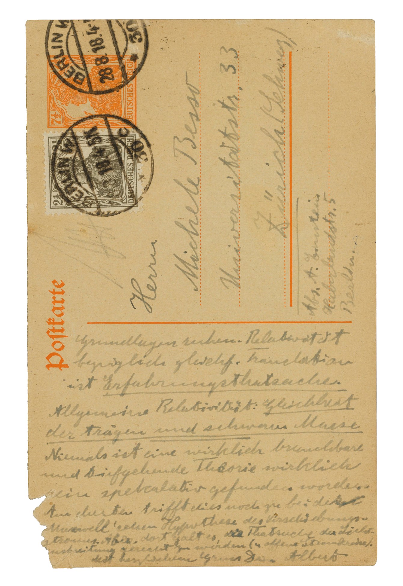 EINSTEIN, Albert (1879-1955). Autograph correspondence card signed ...
