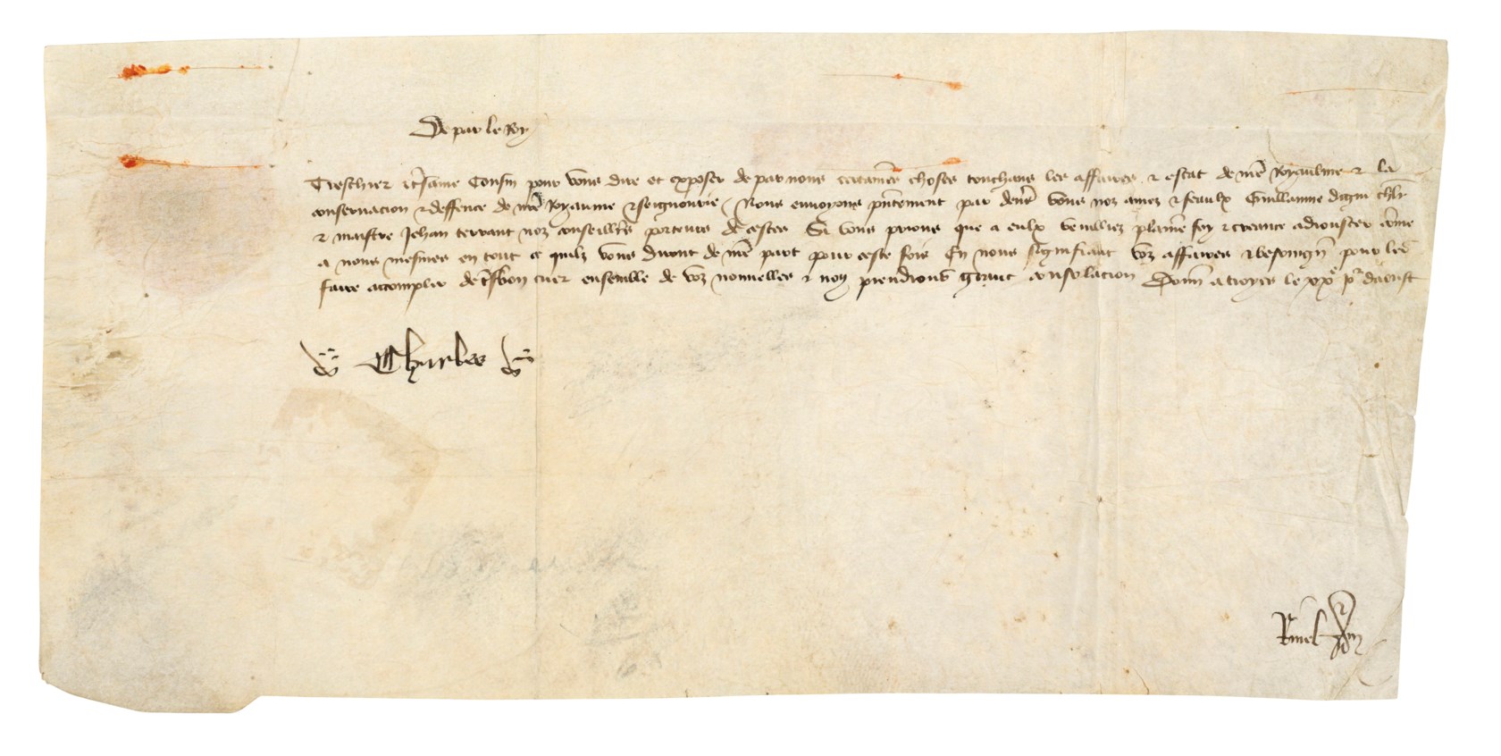 CHARLES VI, King of France (1368-1422). Letter signed (‘Charles’) to an ...