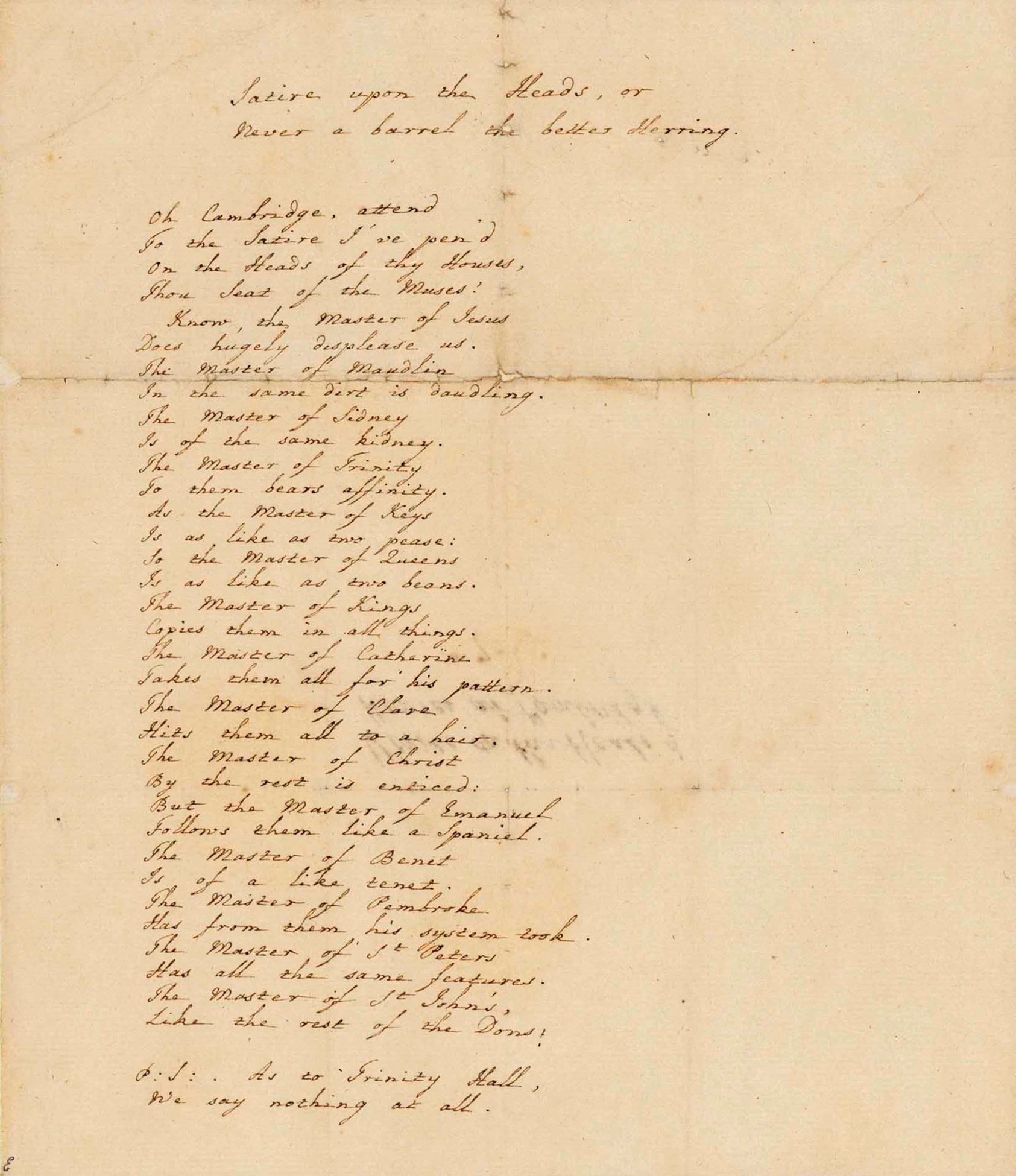 GRAY, Thomas (1716-1771). Autograph manuscript poem, ‘Satire upon the ...