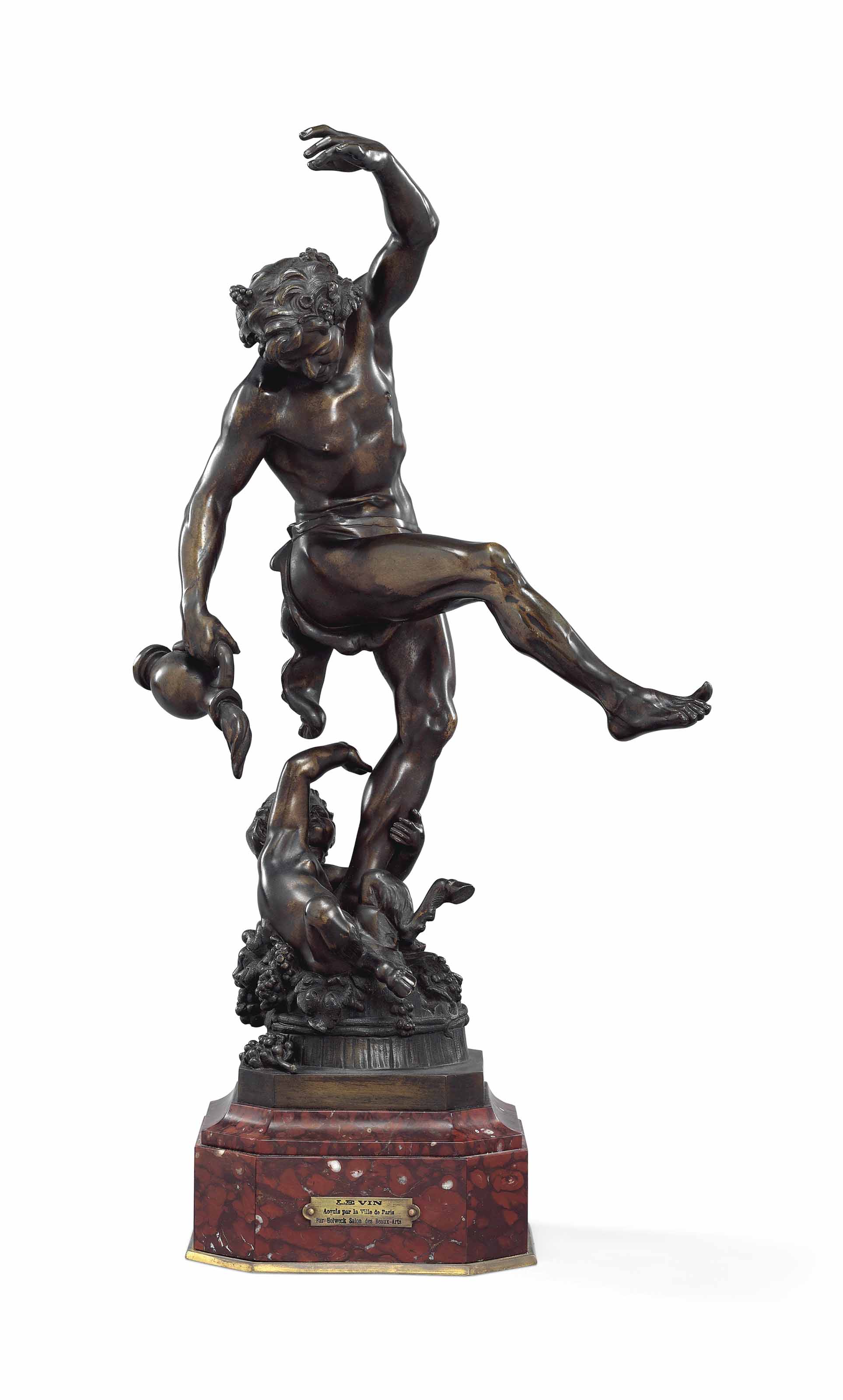 A FRENCH BRONZE GROUP OF BACCHUS WITH AN INFANT SATYR, 'LE VIN'