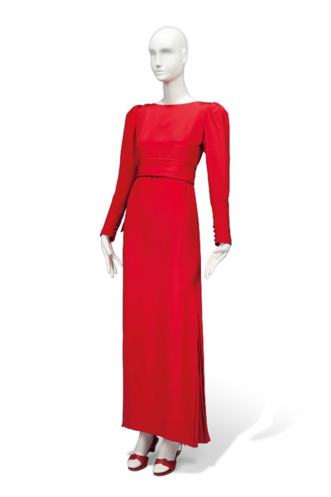 A SCARLET SILK CREPE EVENING GOWN, ANDRE LAUG FOR LAURE SAS, ROMA, 1985 ...