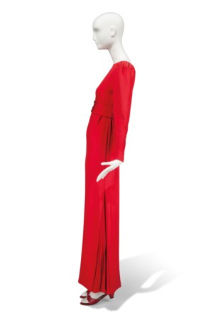 A SCARLET SILK CREPE EVENING GOWN, ANDRE LAUG FOR LAURE SAS, ROMA, 1985 ...