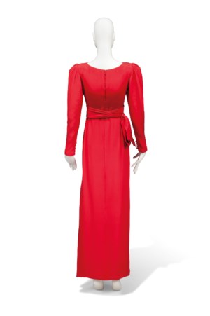 A SCARLET SILK CREPE EVENING GOWN, ANDRE LAUG FOR LAURE SAS, ROMA, 1985 ...