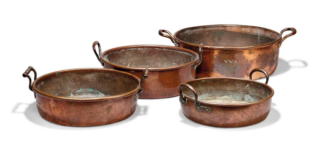 FOUR VICTORIAN COPPER PRESERVE PANS, LATE 19TH CENTURY | Christie's