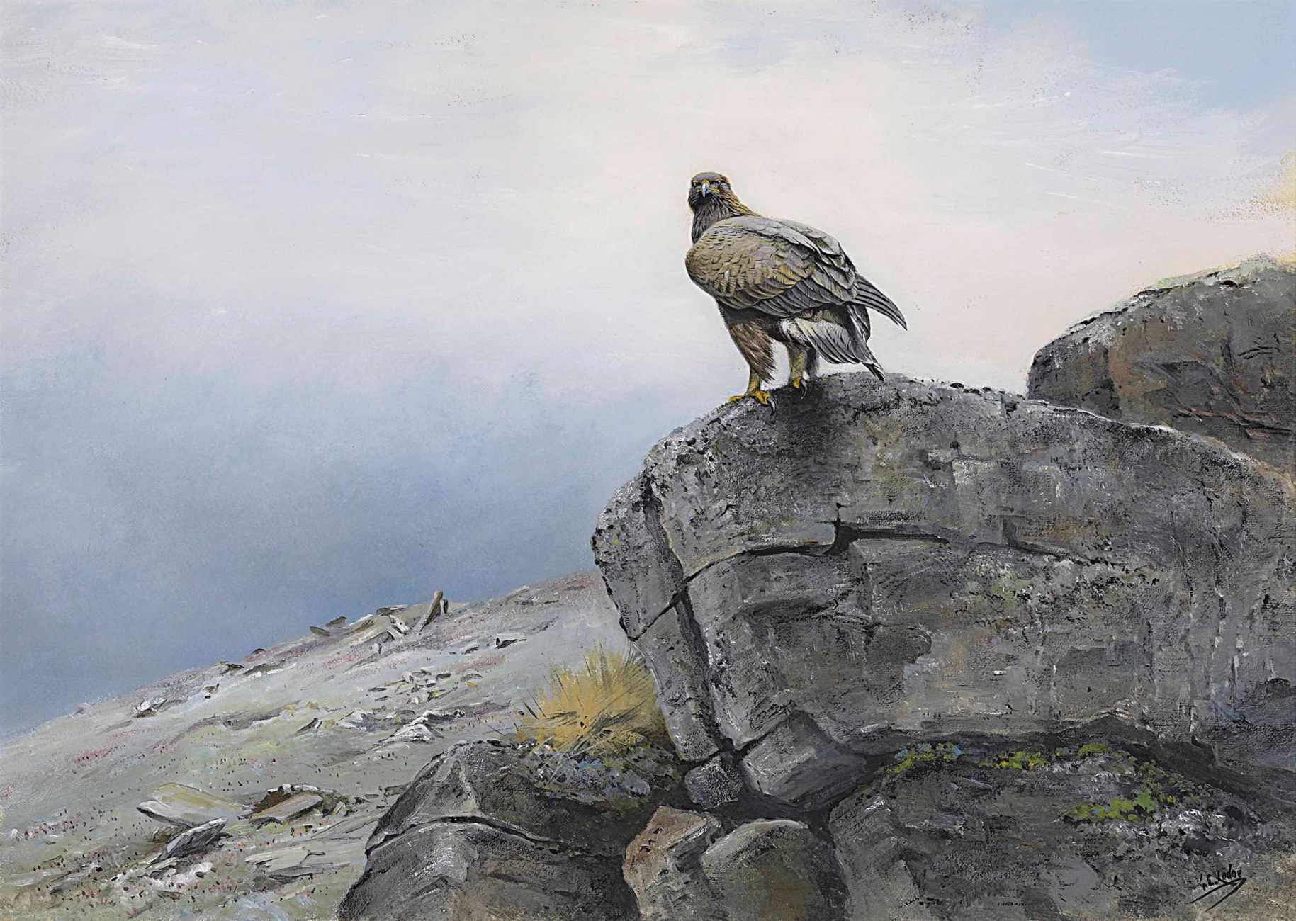 George Edward Lodge (1860-1954), Spy Rock: a golden eagle on a rocky ...