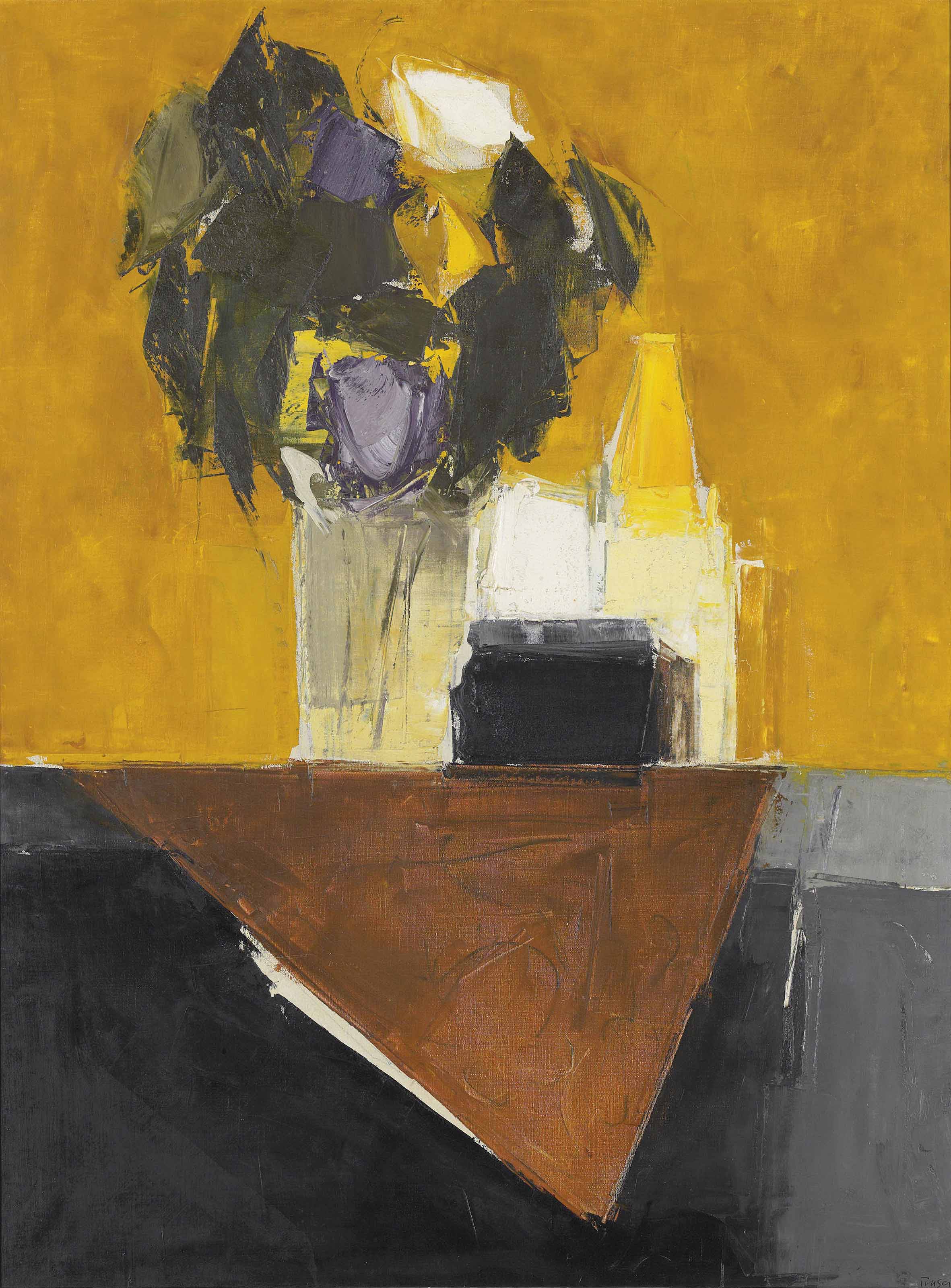 DONALD HAMILTON FRASER, R.A. (1929-2009), Flowers with a brown cloth ...