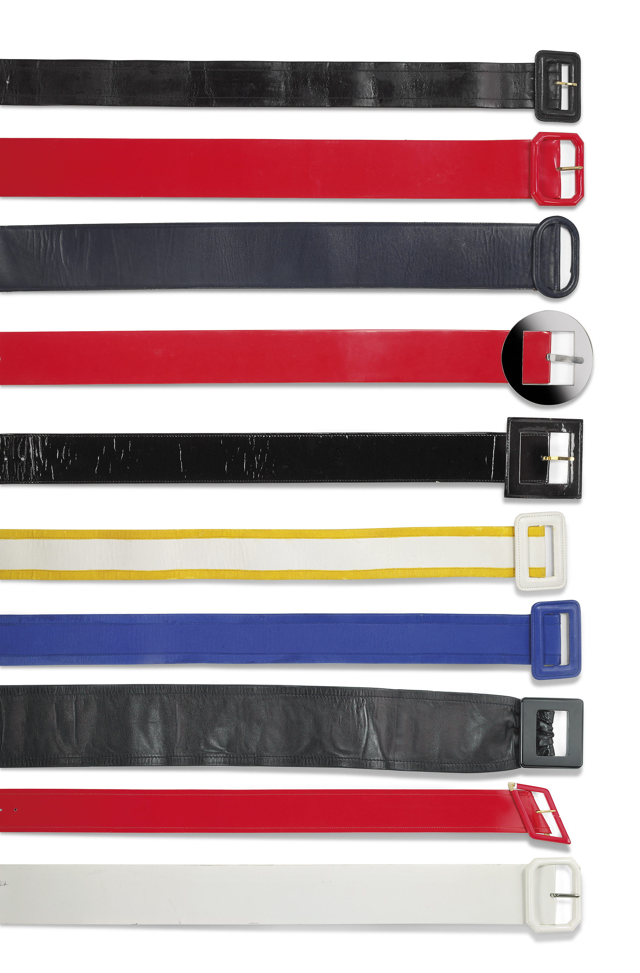 A COLLECTION OF TEN VARIOUS BELTS, INCLUDING A BLUE LEATHER WIDE BELT ...