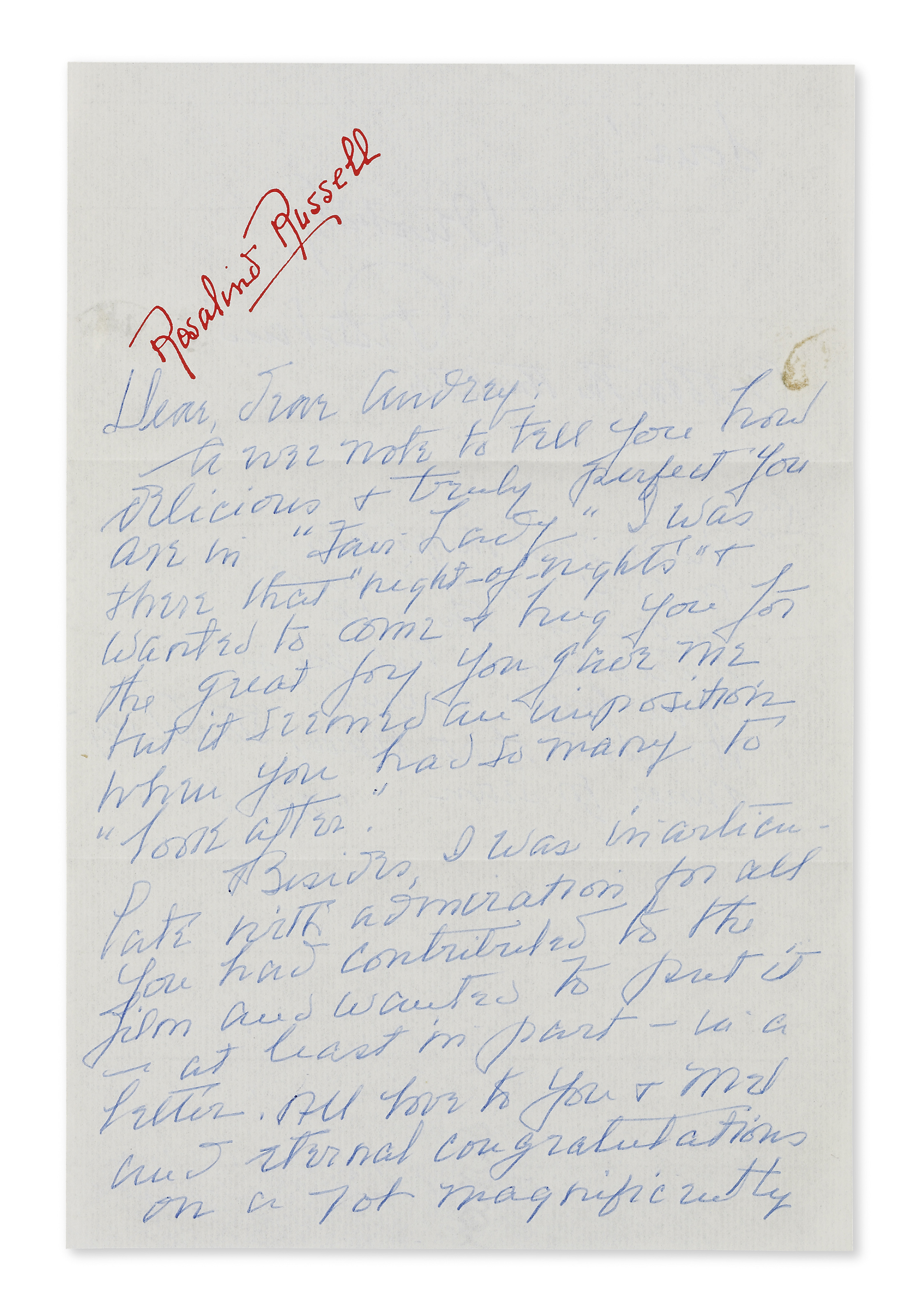 MY FAIR LADY, 1964/ROSALIND RUSSELL, AN AUTOGRAPH LETTER | Christie’s