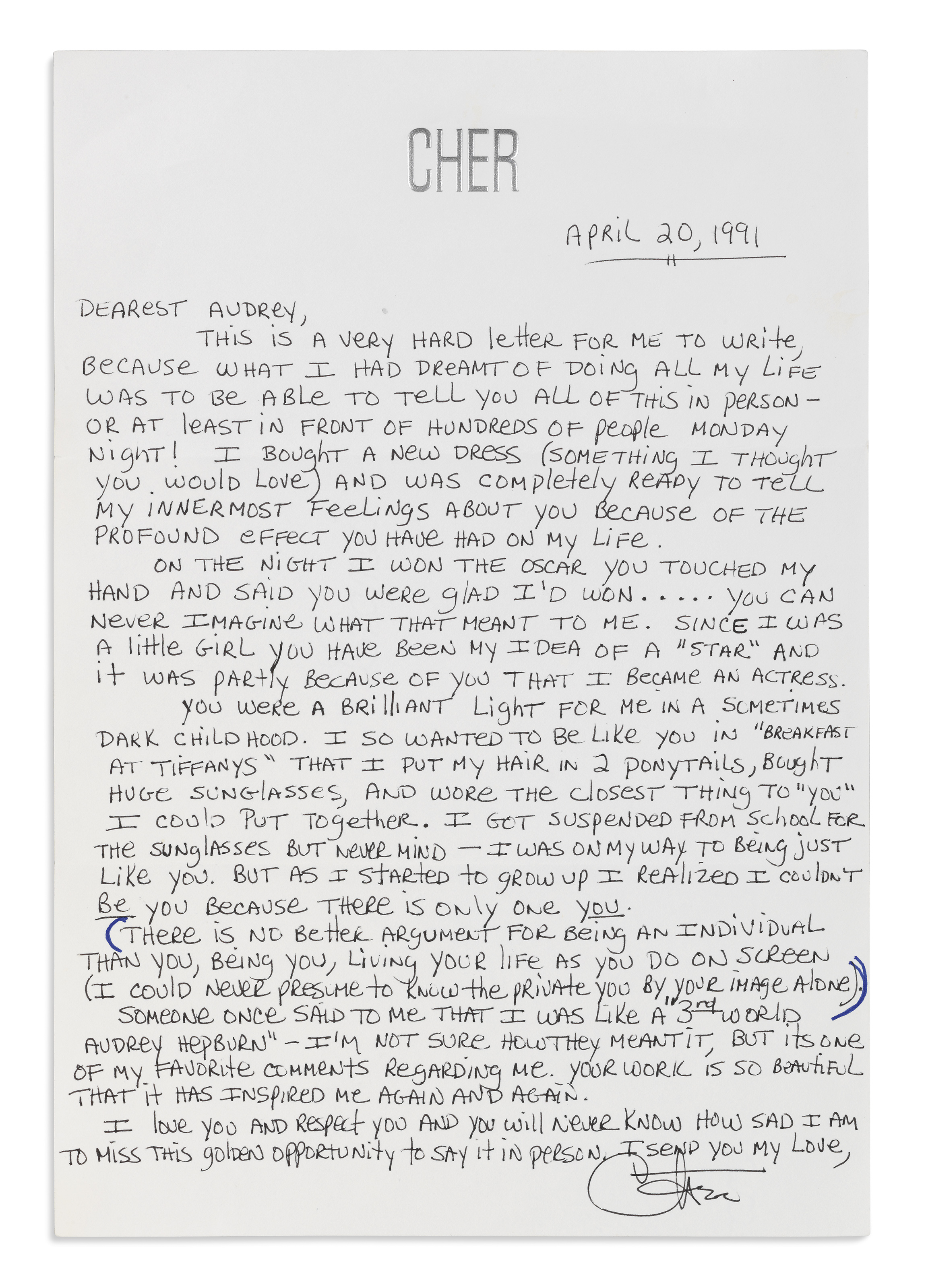 CHER, A HANDWRITTEN LETTER | Christie’s