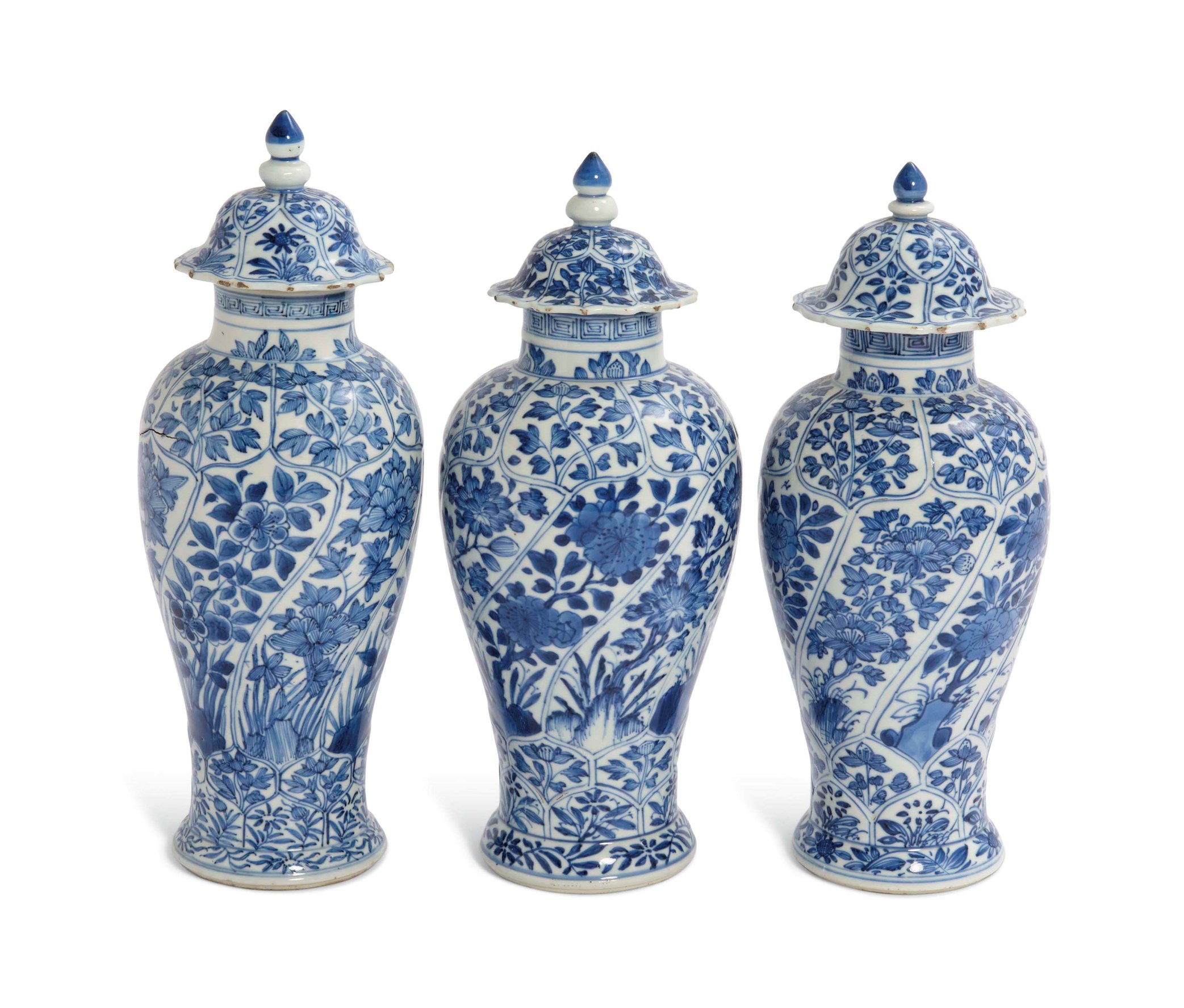 THREE BLUE AND WHITE BALUSTER VASES AND COVERS, KANGXI PERIOD (1662 ...