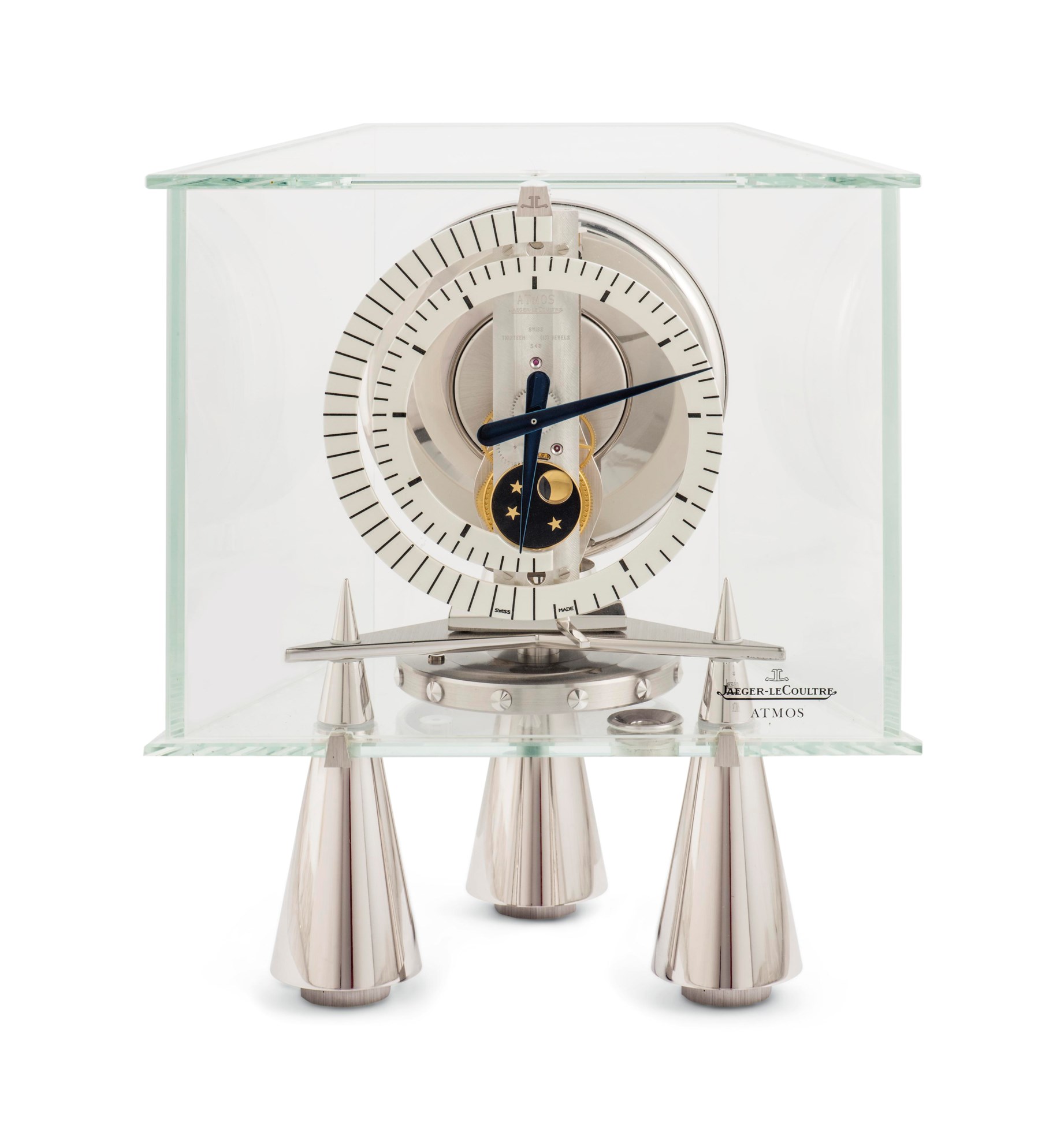 A STAINLESS STEEL AND GLASS 'ATMOS ATLANTIS' CLOCK WITH MOONPHASE, BY ...
