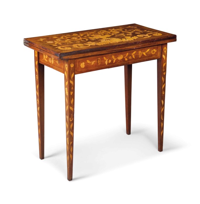 A DUTCH FLORAL MARQUETRY AND PLAYING-CARD MARQUETRY SWIVEL-TOP CARD ...