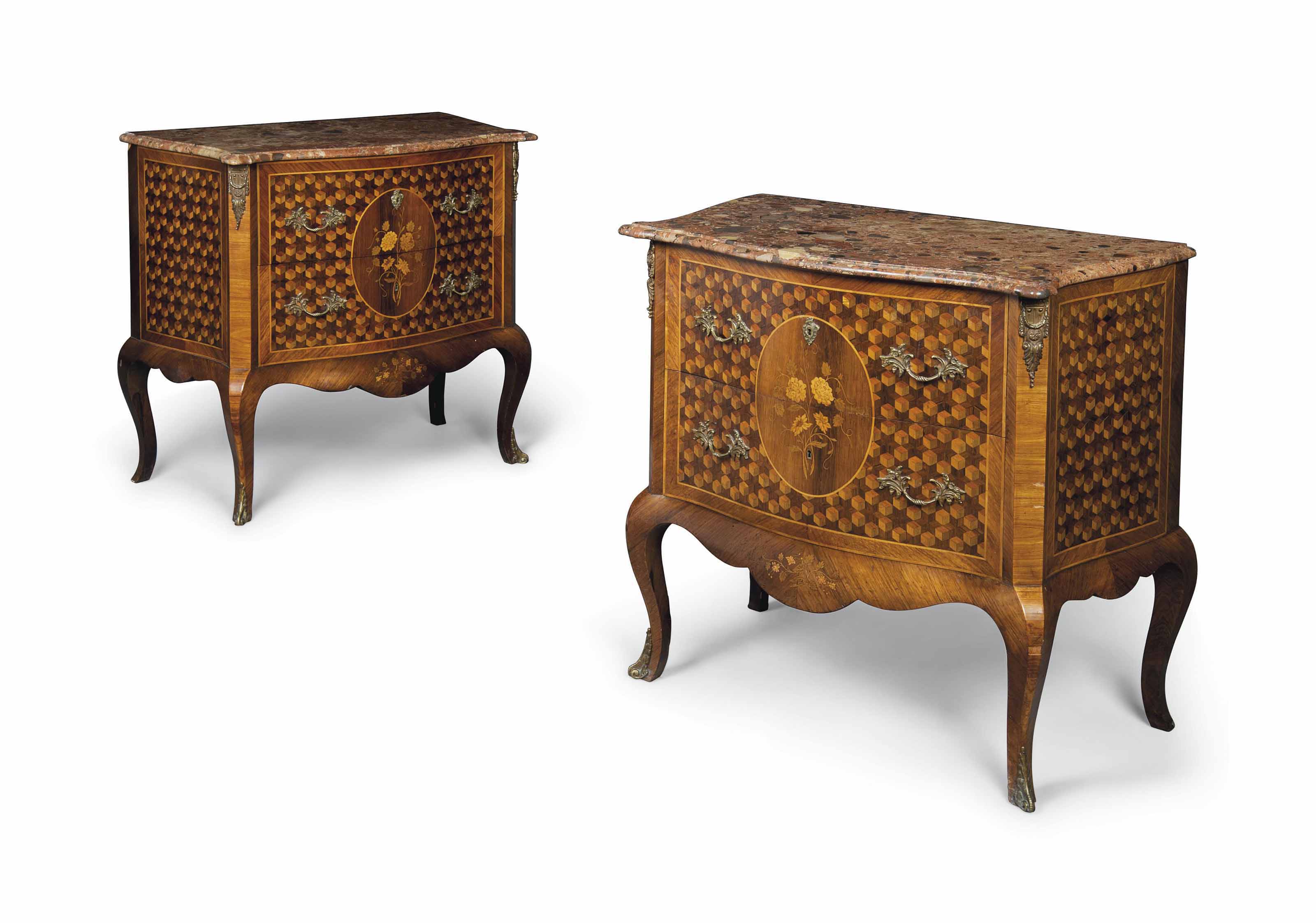 A PAIR OF FRENCH CUBE PARQUETRY AND FLORAL MARQUETRY MARBLE-TOP COMMODES