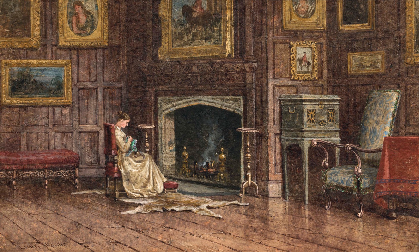 Louise Ingram Rayner (British, 1832-1924), Fireside embroidery | Christie's