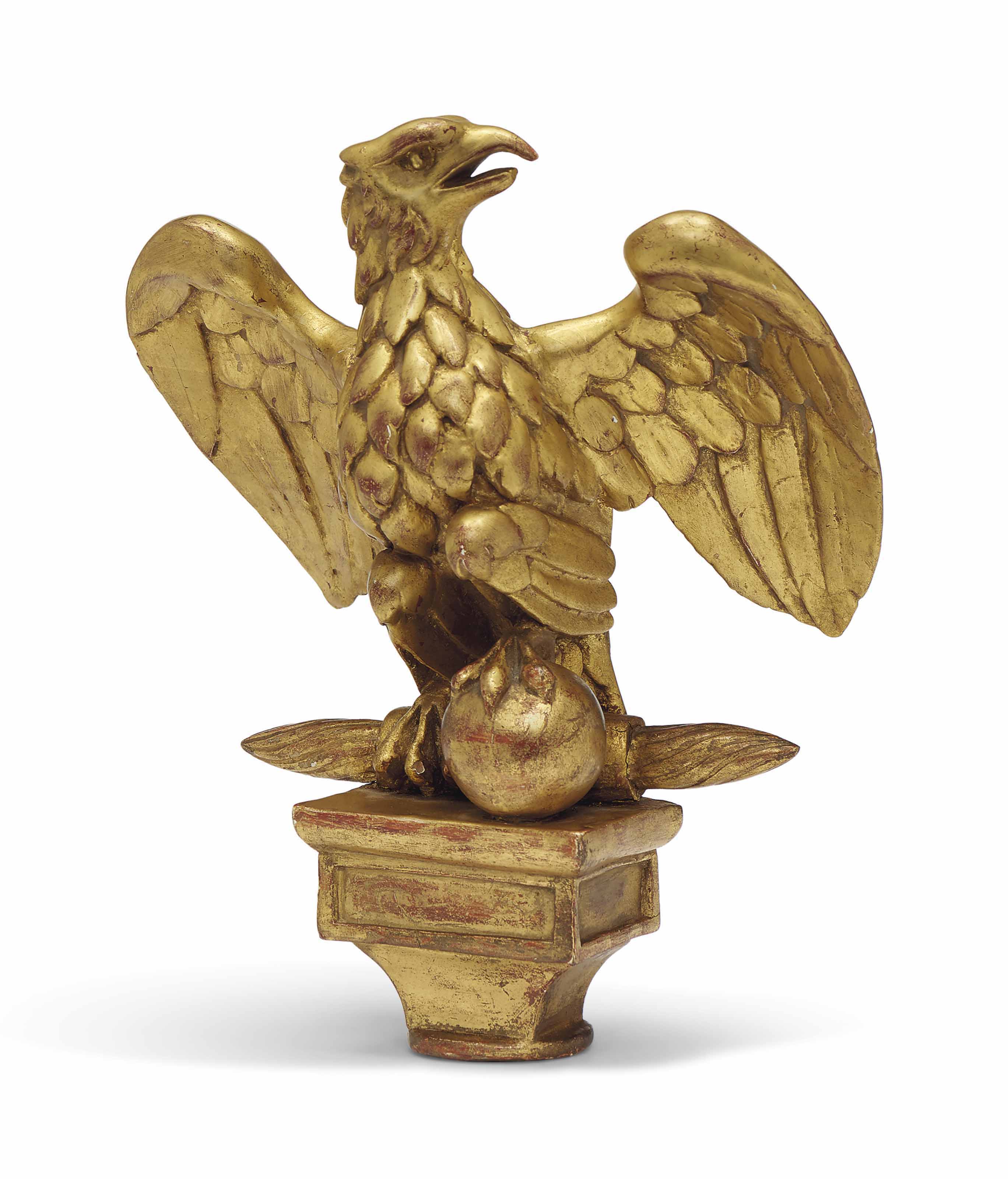 A FRENCH GILTWOOD PENNANT FINIAL OF A NAPOLEONIC EAGLE