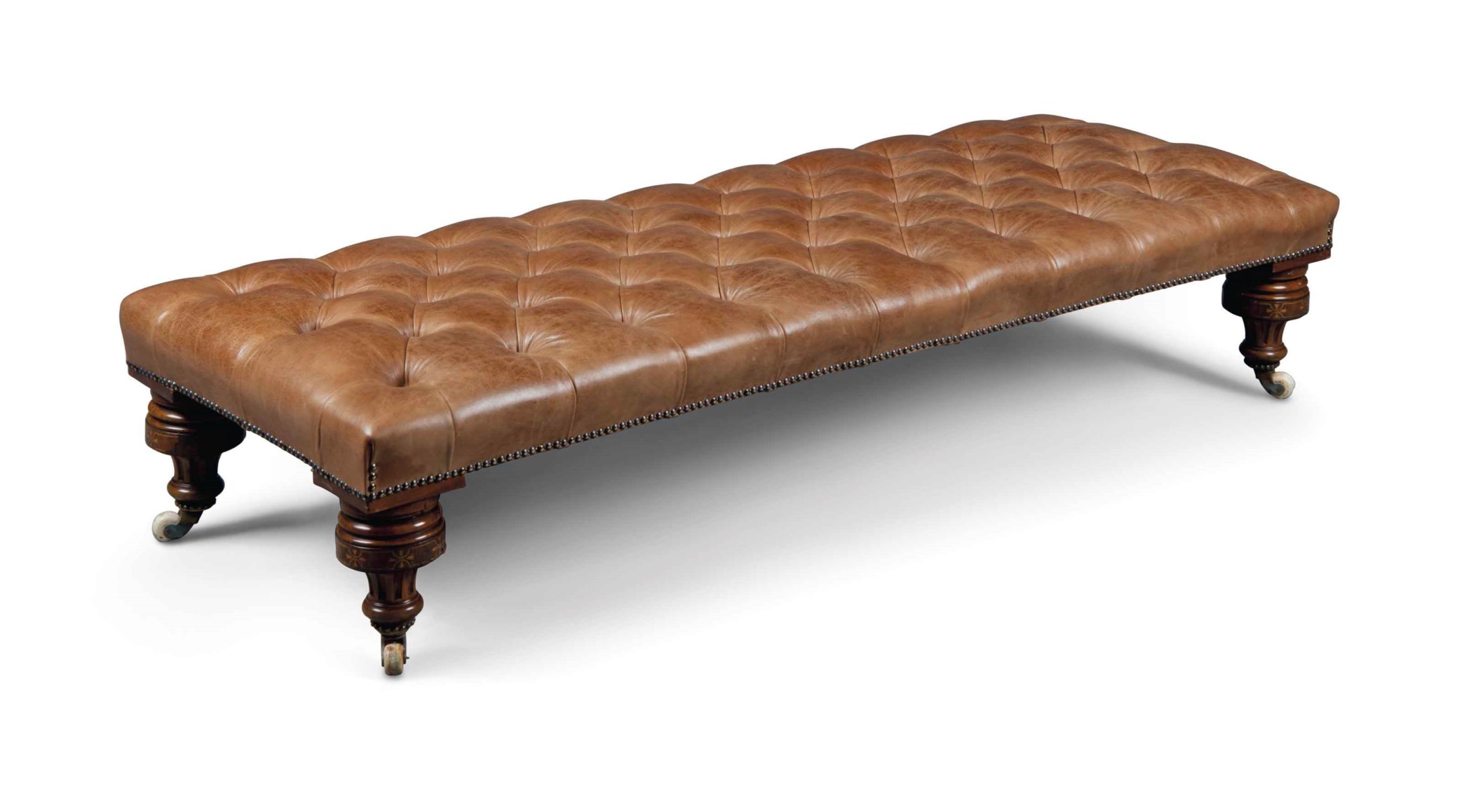 A BUTTONED LEATHER LONG STOOL, LATE 20TH CENTURY, THE WALNUT AND INLAID ...