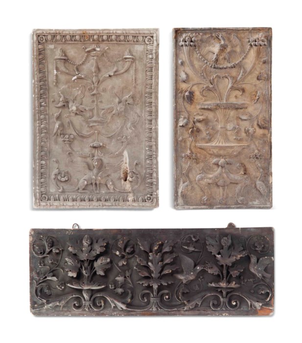 A GROUP OF THREE PLASTER RELIEF PANELS, BY BRUCCIANI & CO., LONDON, IN ...