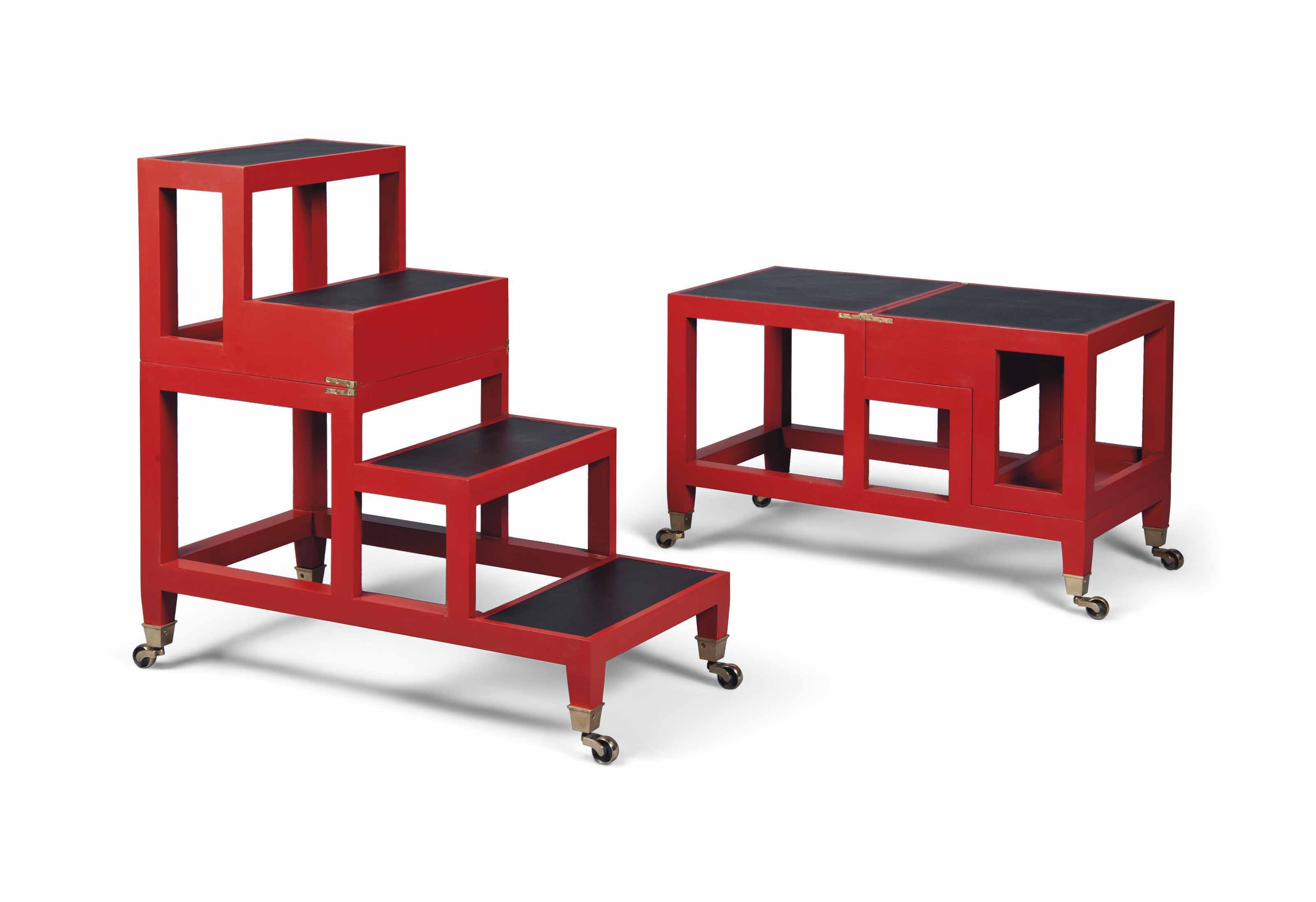 A PAIR OF RED-PAINTED METAMORPHIC LIBRARY STEPS