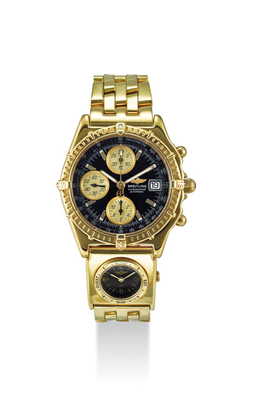 BREITLING. AN 18K GOLD LIMITED EDITION AUTOMATIC DUAL-TIME CHRONOGRAPH ...