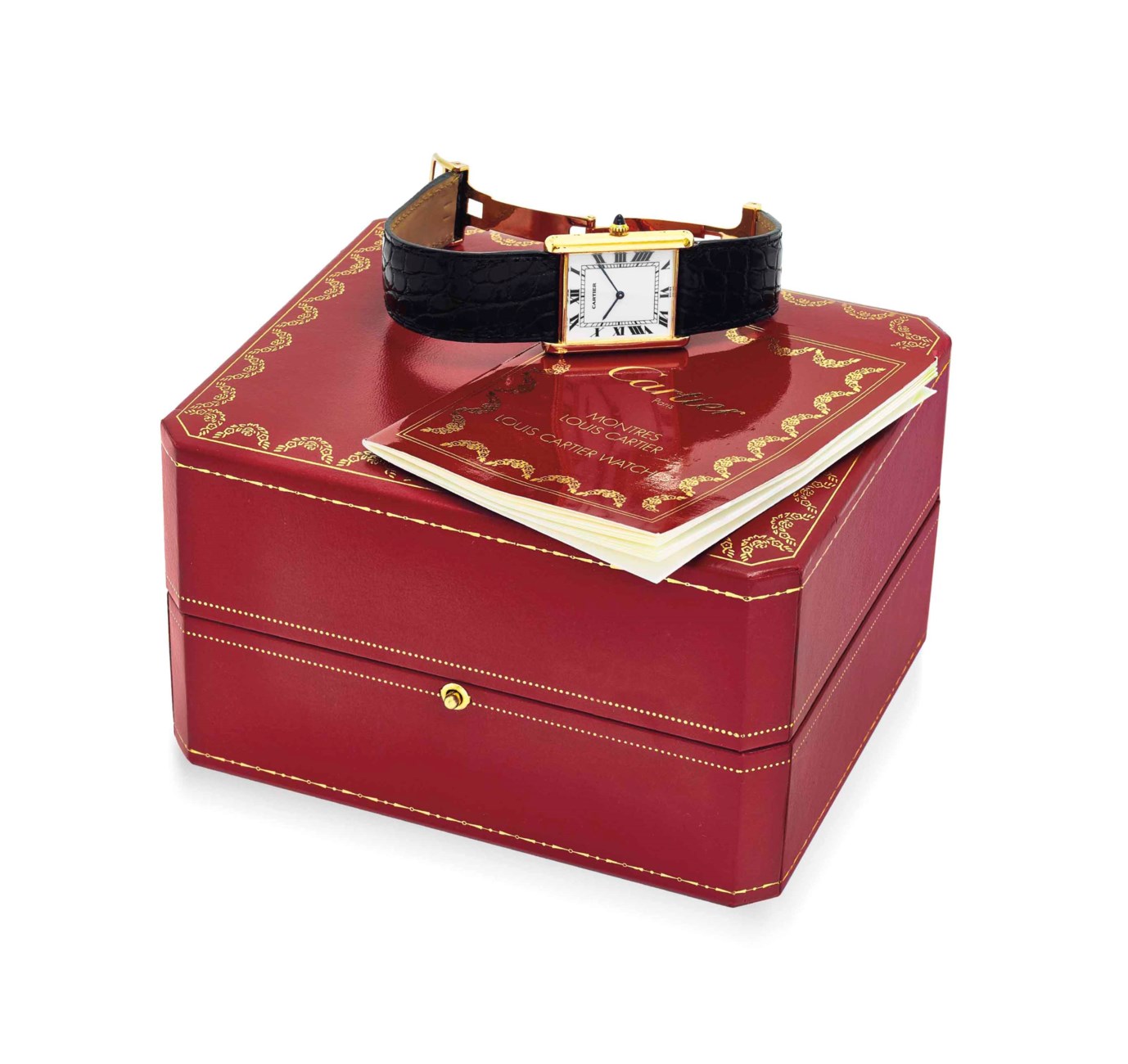 CARTIER. AN 18K GOLD AUTOMATIC RECTANGULAR WRISTWATCH WITH ENAMEL DIAL ...