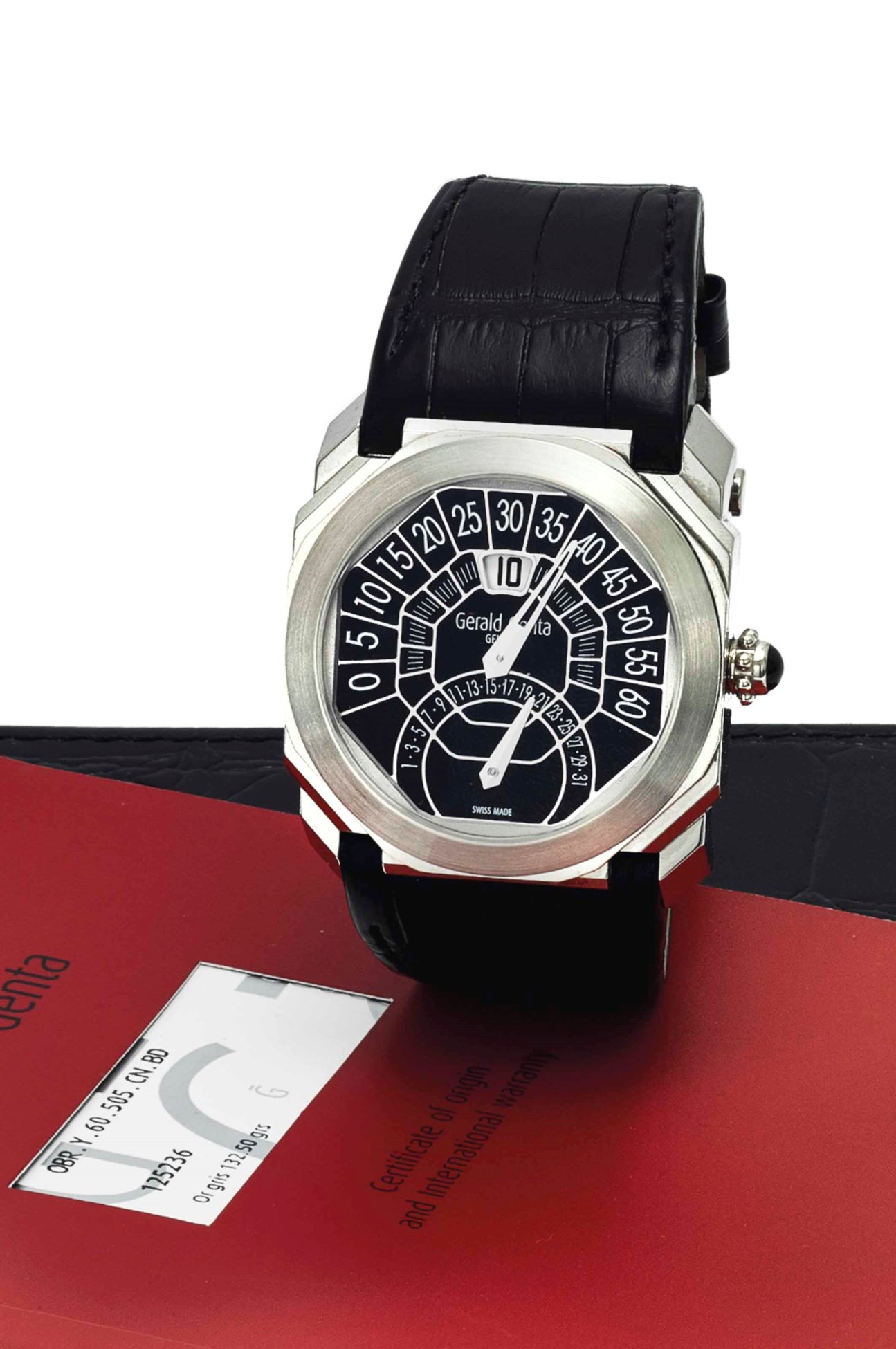 GERALD GENTA. A FINE 18K WHITE GOLD OCTAGONAL AUTOMATIC JUMP HOUR DOUBLE RETROGRADE WRISTWATCH ...