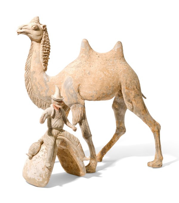 A FINE PAINTED POTTERY BACTRIAN CAMEL WITH SOGDIAN RIDER, TANG DYNASTY ...