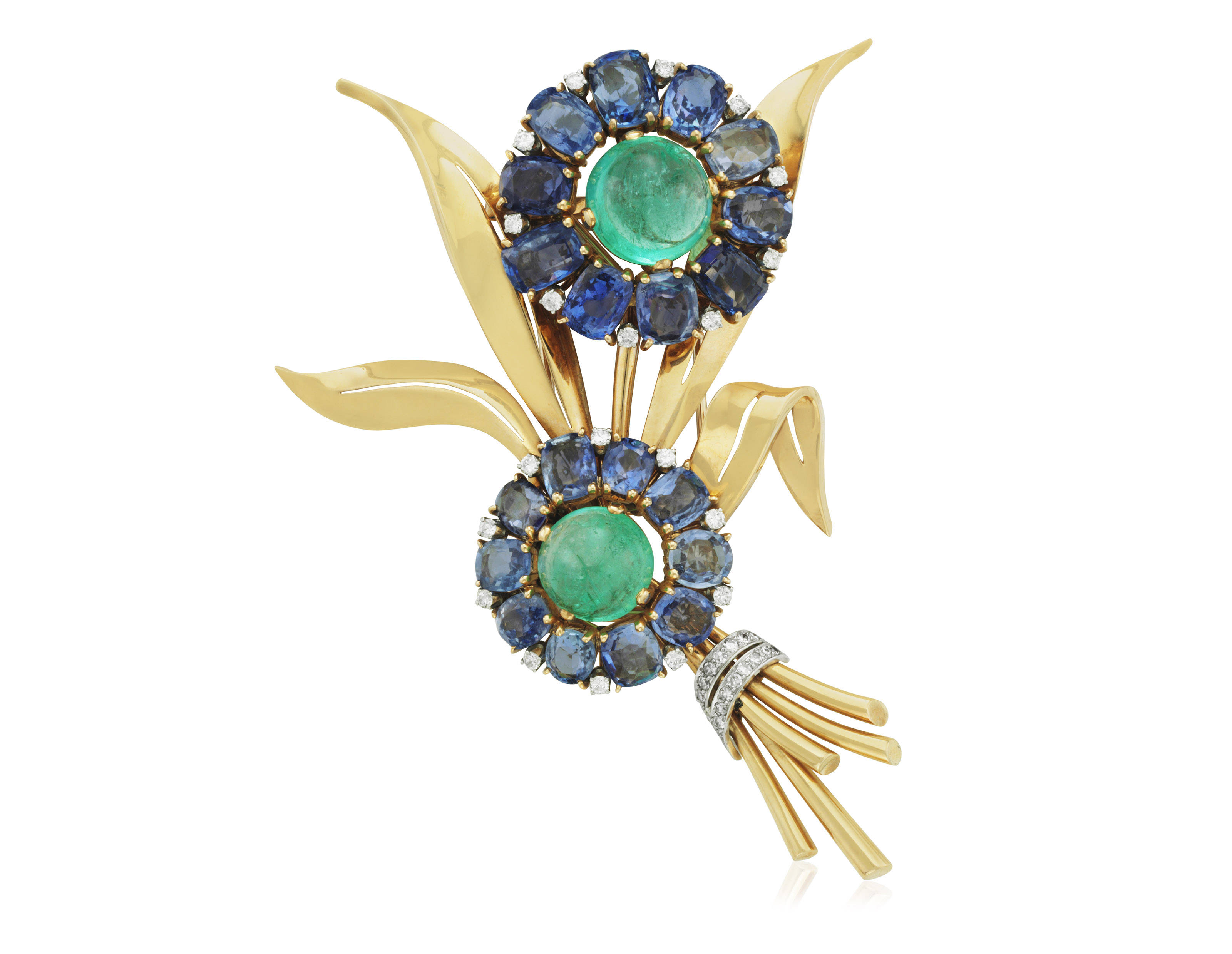 TRABERT & HOEFFER MAUBOUSSIN RETRO EMERALD, SAPPHIRE AND DIAMOND BROOCH ...