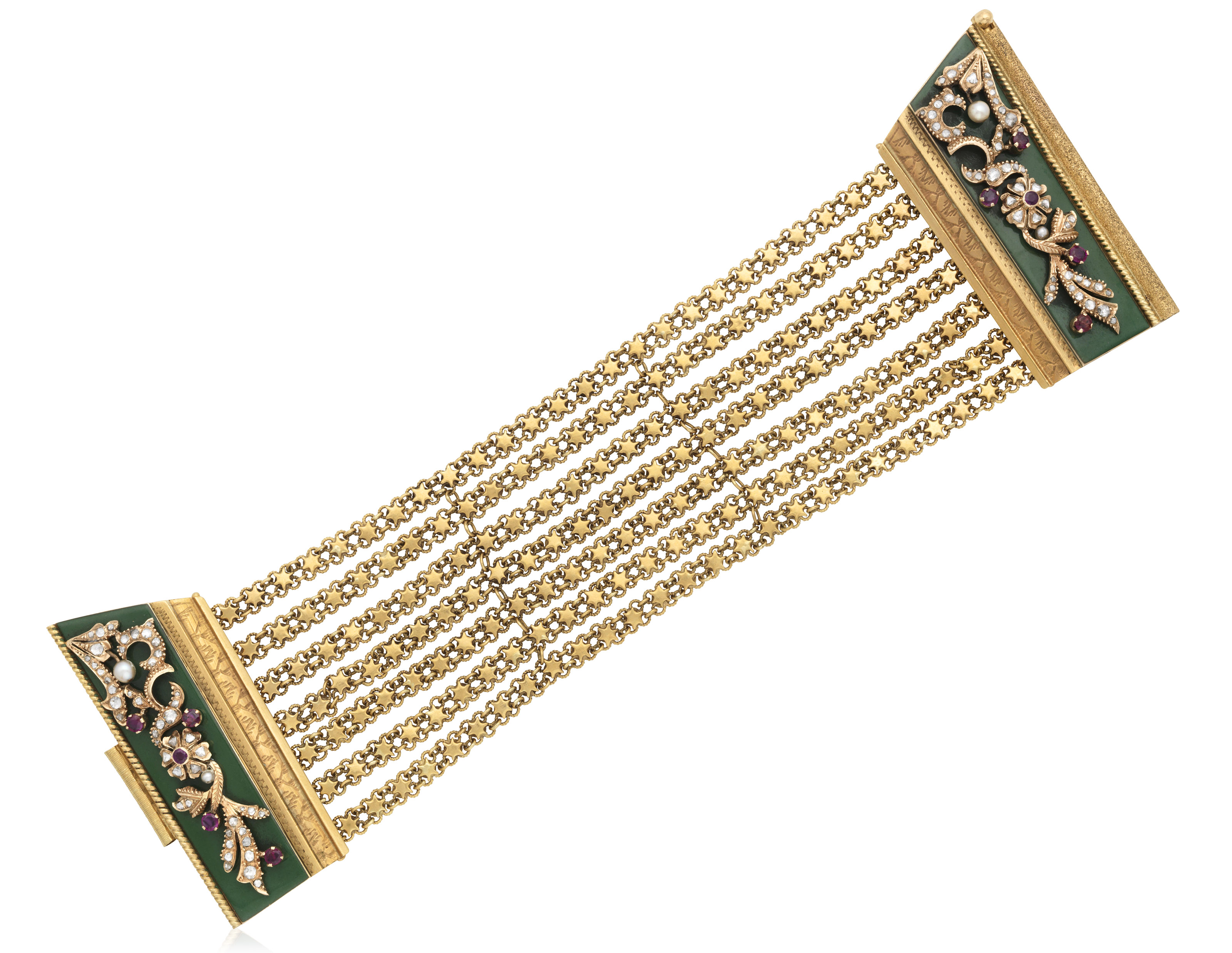 GREEN STONE, DIAMOND, RUBY AND CULTURED PEARL BRACELET, | Christie’s