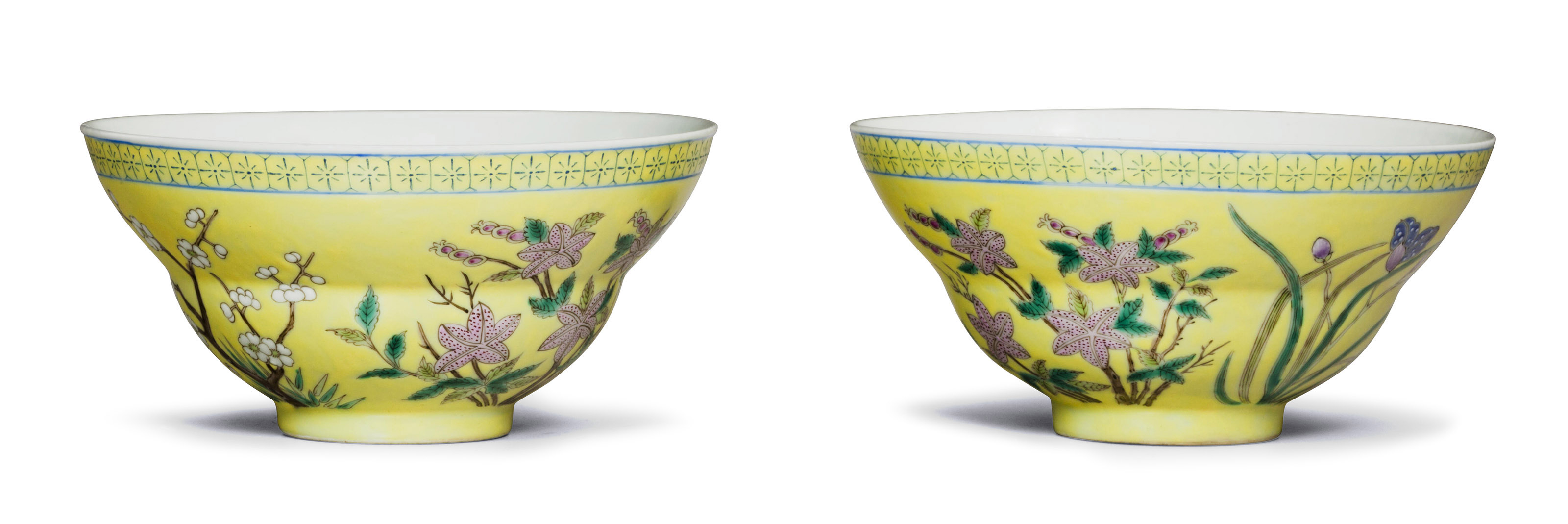 A PAIR OF FAMILLE ROSE YELLOW GROUND OGEE-FORM BOWLS, 20TH CENTURY ...
