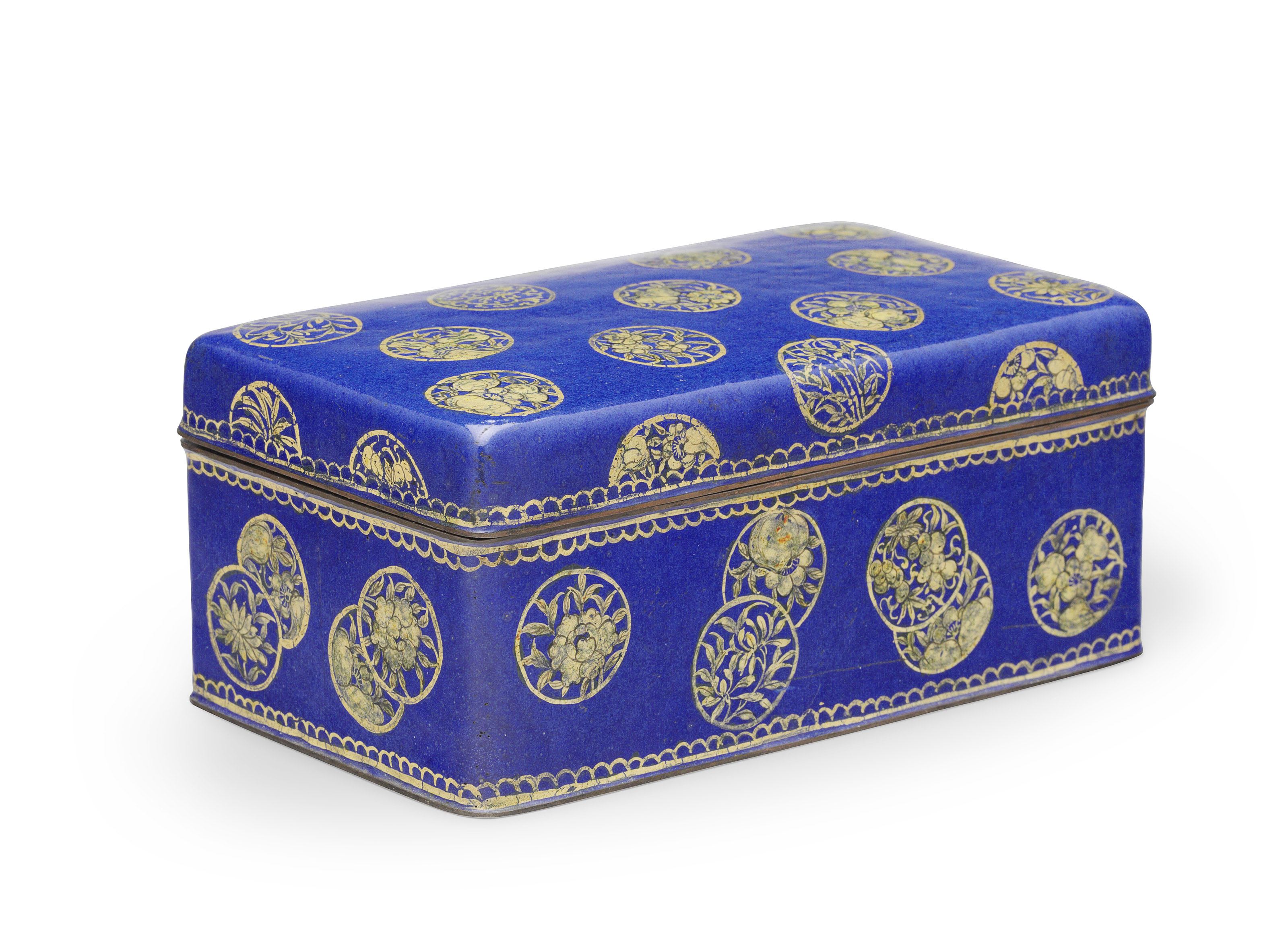 A GILT-DECORATED BLUE-ENAMELED BOX AND COVER, LATE 19TH-EARLY 20TH ...