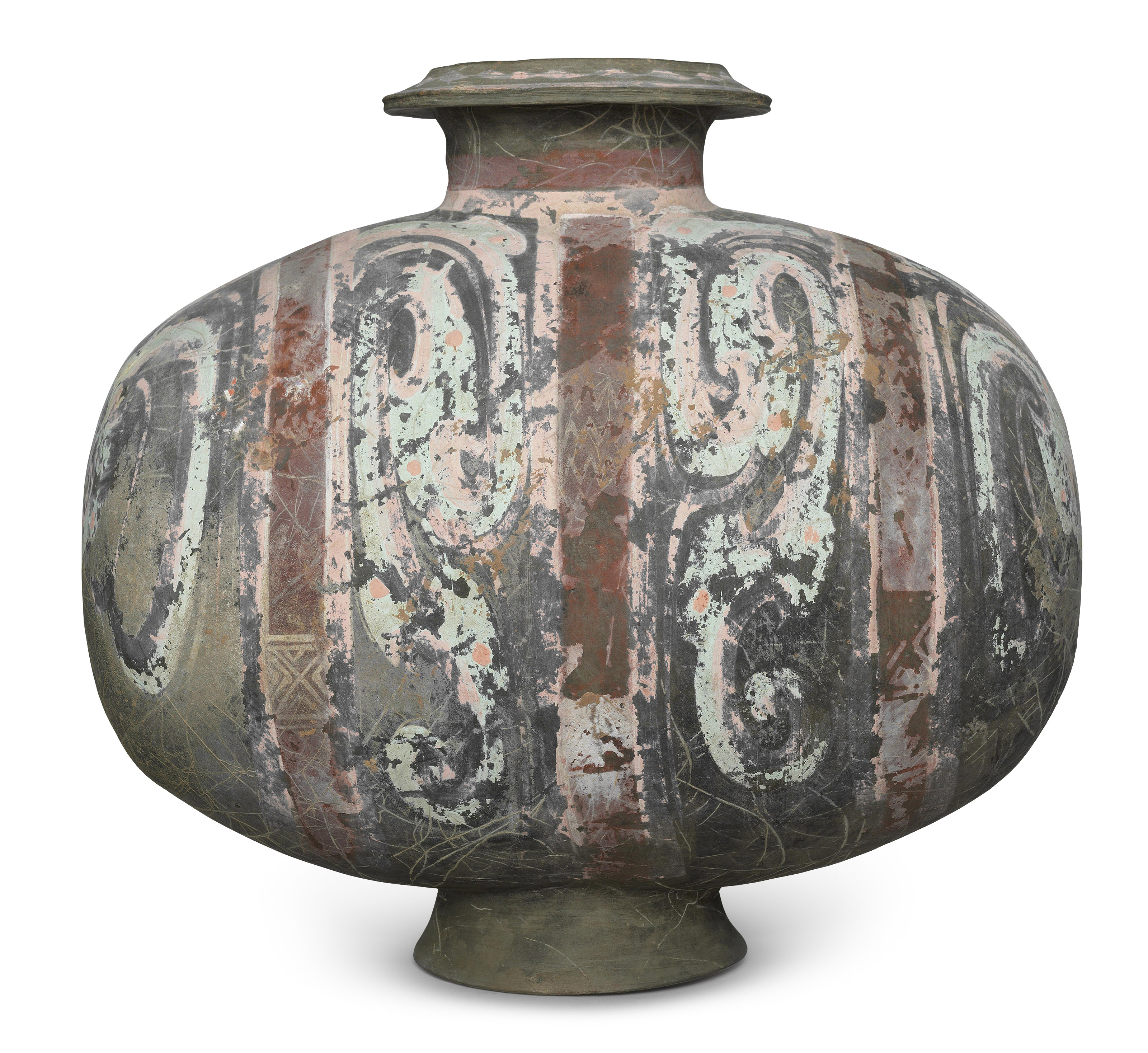 A PAINTED GREY POTTERY COCOON-FORM JAR, HAN DYNASTY (206 BC-AD 220 ...