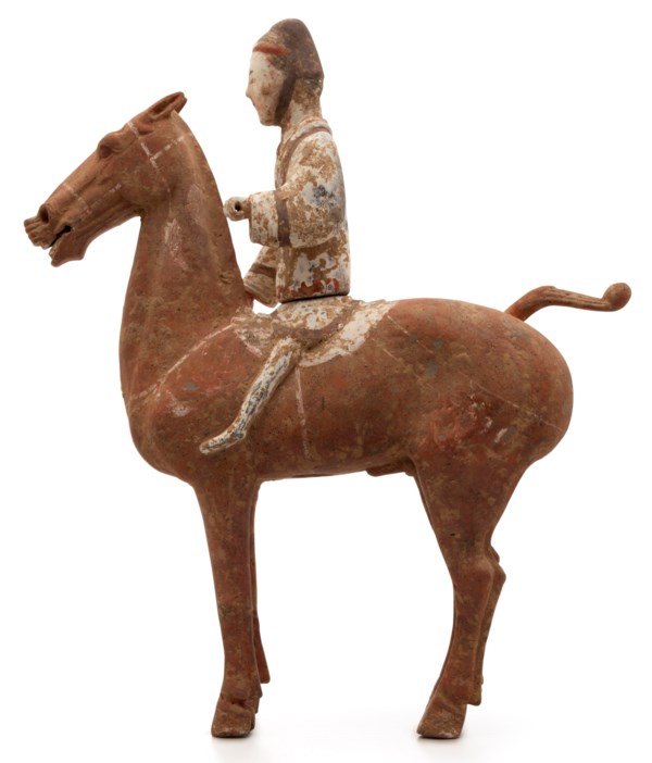 A PAINTED GREY POTTERY FIGURE OF AN EQUESTRIAN, WESTERN HAN DYNASTY ...