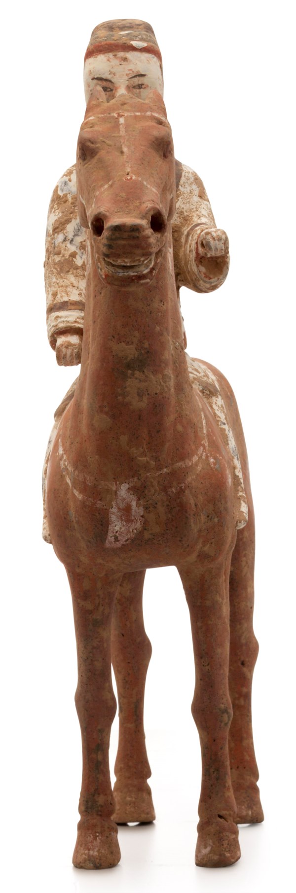 A PAINTED GREY POTTERY FIGURE OF AN EQUESTRIAN, WESTERN HAN DYNASTY ...