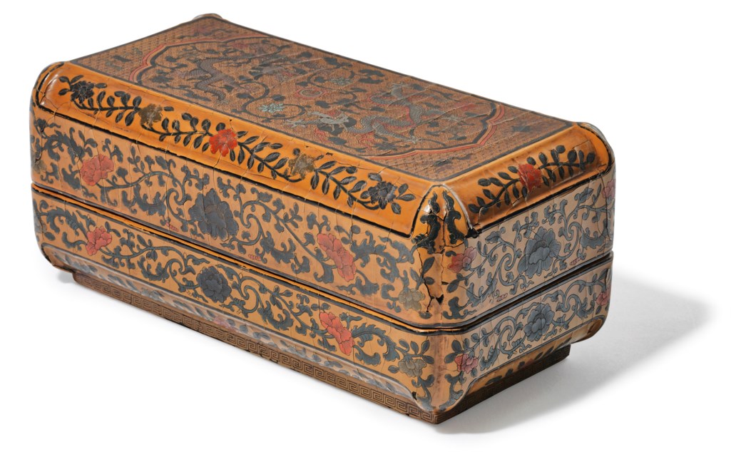 A RECTANGULAR QIANGJIN AND TIANQI-DECORATED LACQUER 'DRAGON' BOX AND ...