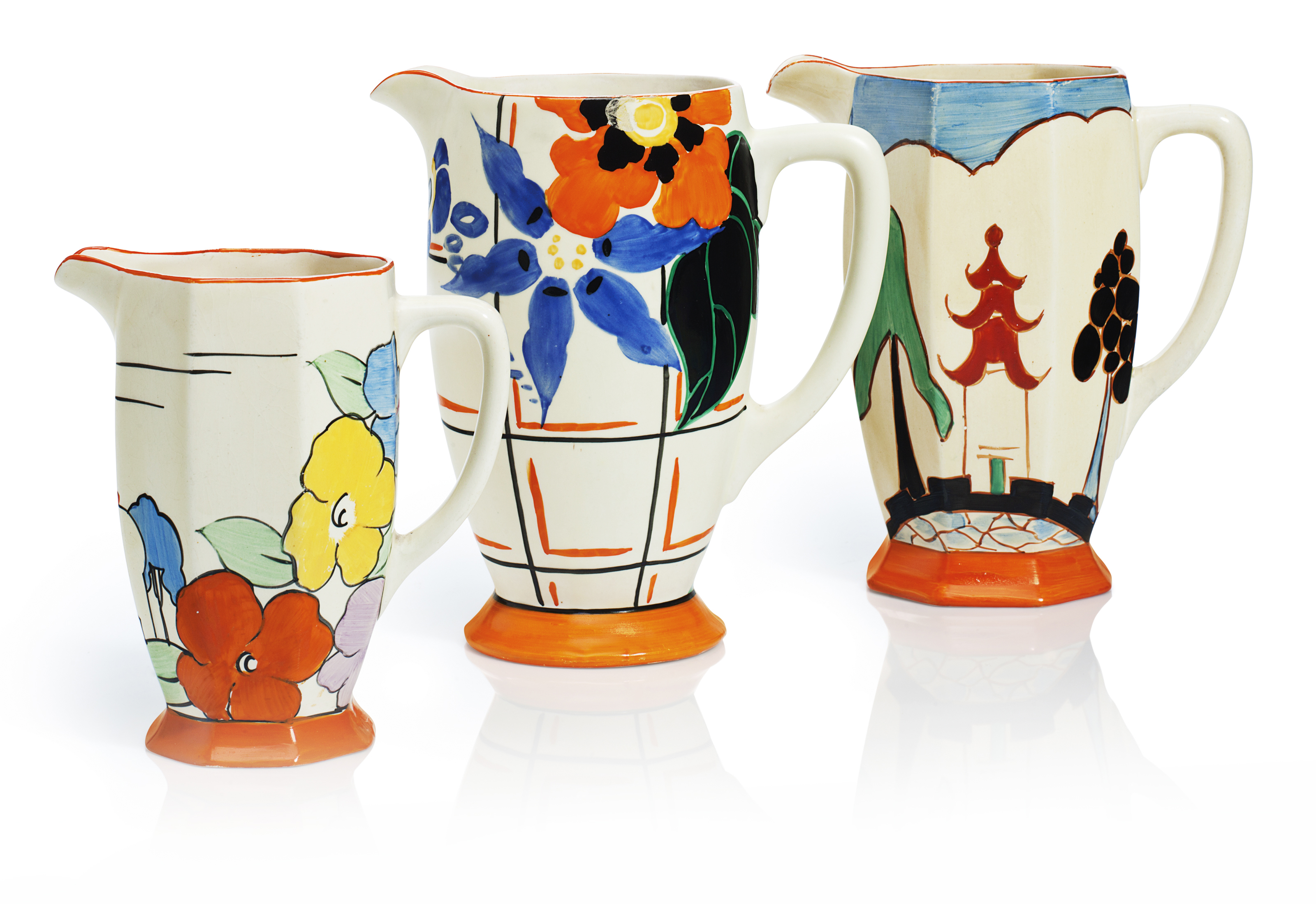 THREE CLARICE CLIFF PITCHERS, SECOND QUARTER 20TH CENTURY, VARIOUS ...