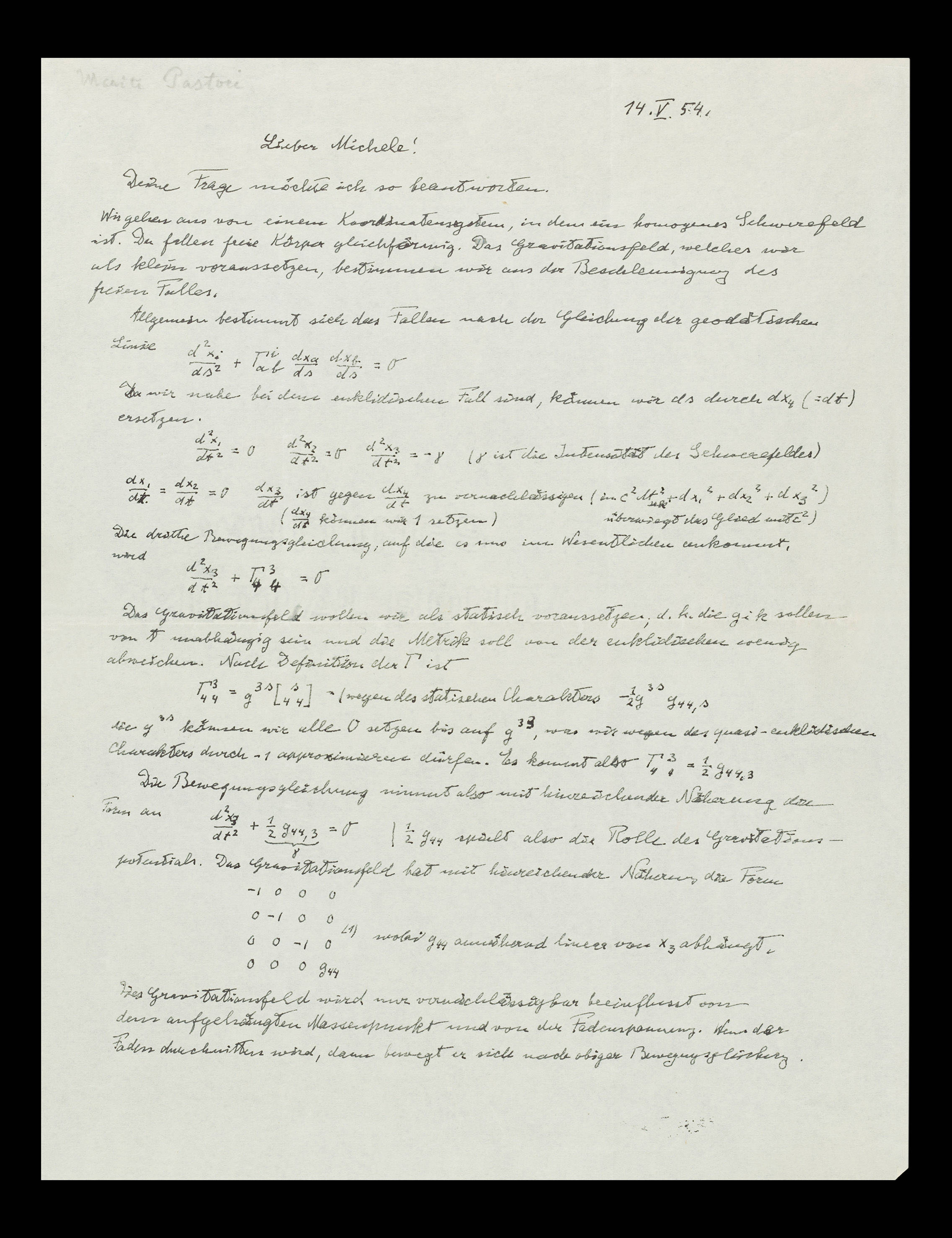 Equations for a case in general relativity, Princeton, 14 May 1954 ...