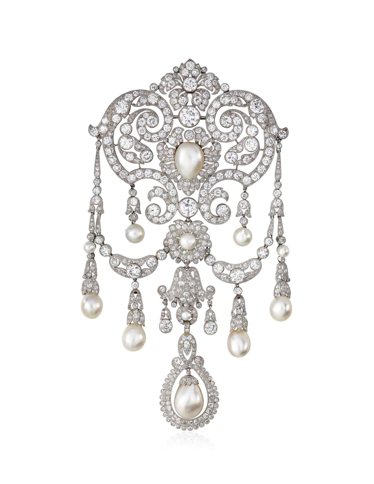 A BELLE ÉPOQUE NATURAL PEARL AND DIAMOND STOMACHER BROOCH | Christie's